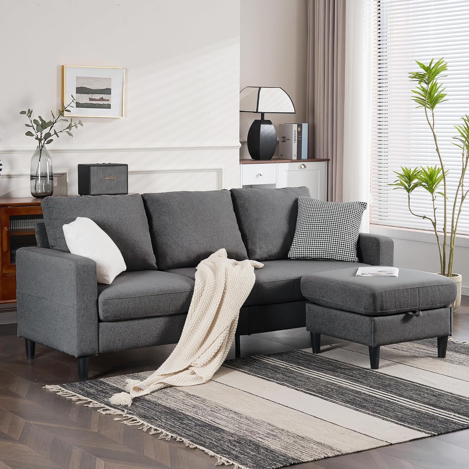 Poundex 3 Piece Fabric Sectional Sofa Set with Ottoman in Chocolate ...