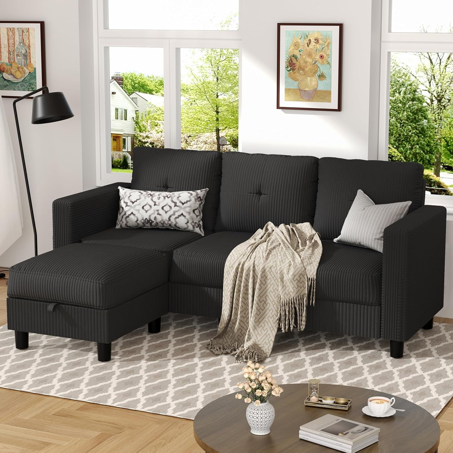 Convertible Sectional Sofa Couch with 3-Seat Sofa, L-Shaped Ottoman ...