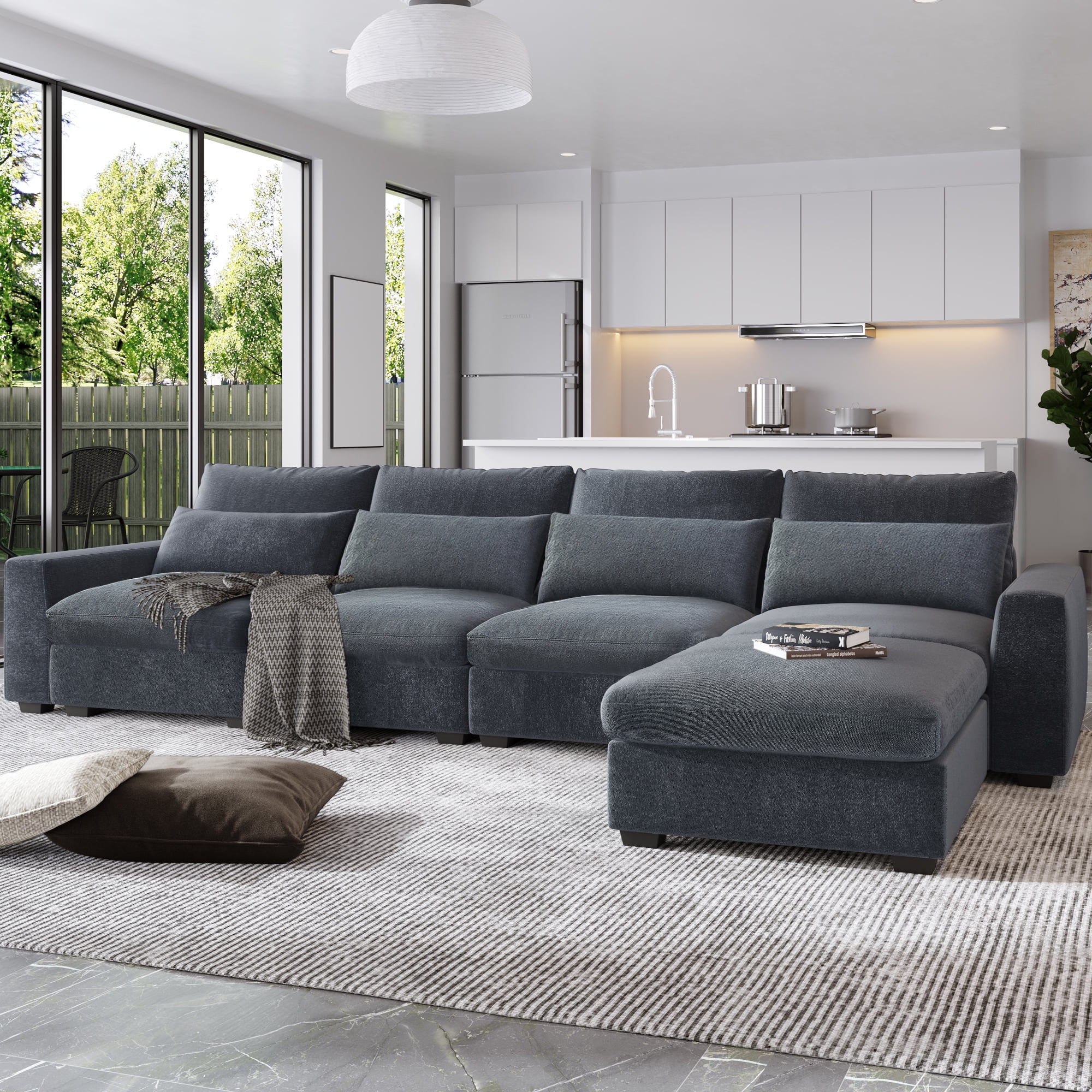 Convertible Sectional Sofa Couch, Velvet Sofas with Movable Ottoman and ...
