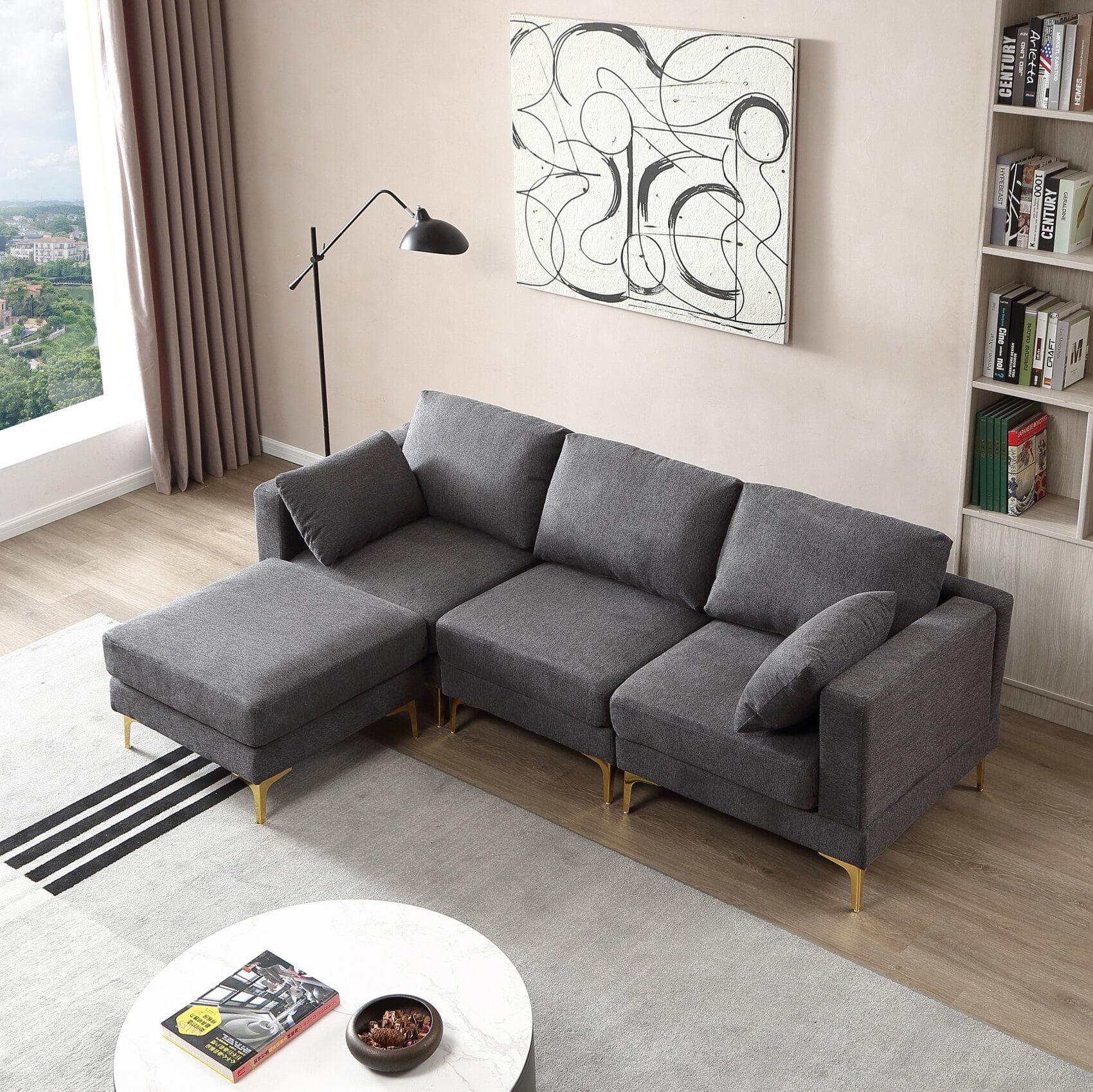 Convertible Sectional Sofa, L-Shaped Couch Modular Sofa Couches for Living Room with Metal Legs ...