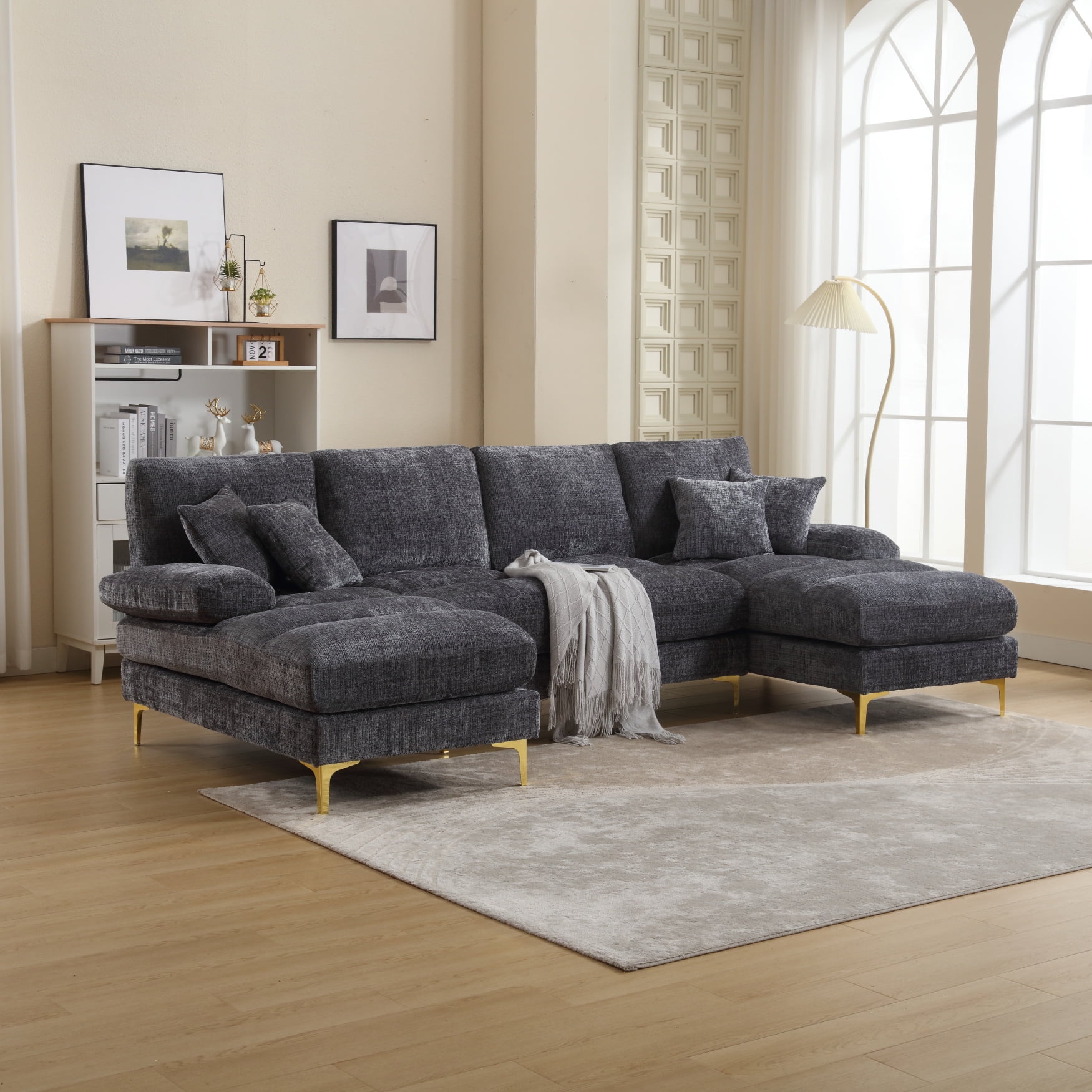 Convertible Sectional Sofa with Ottoman and Throw Pillows, Modern ...