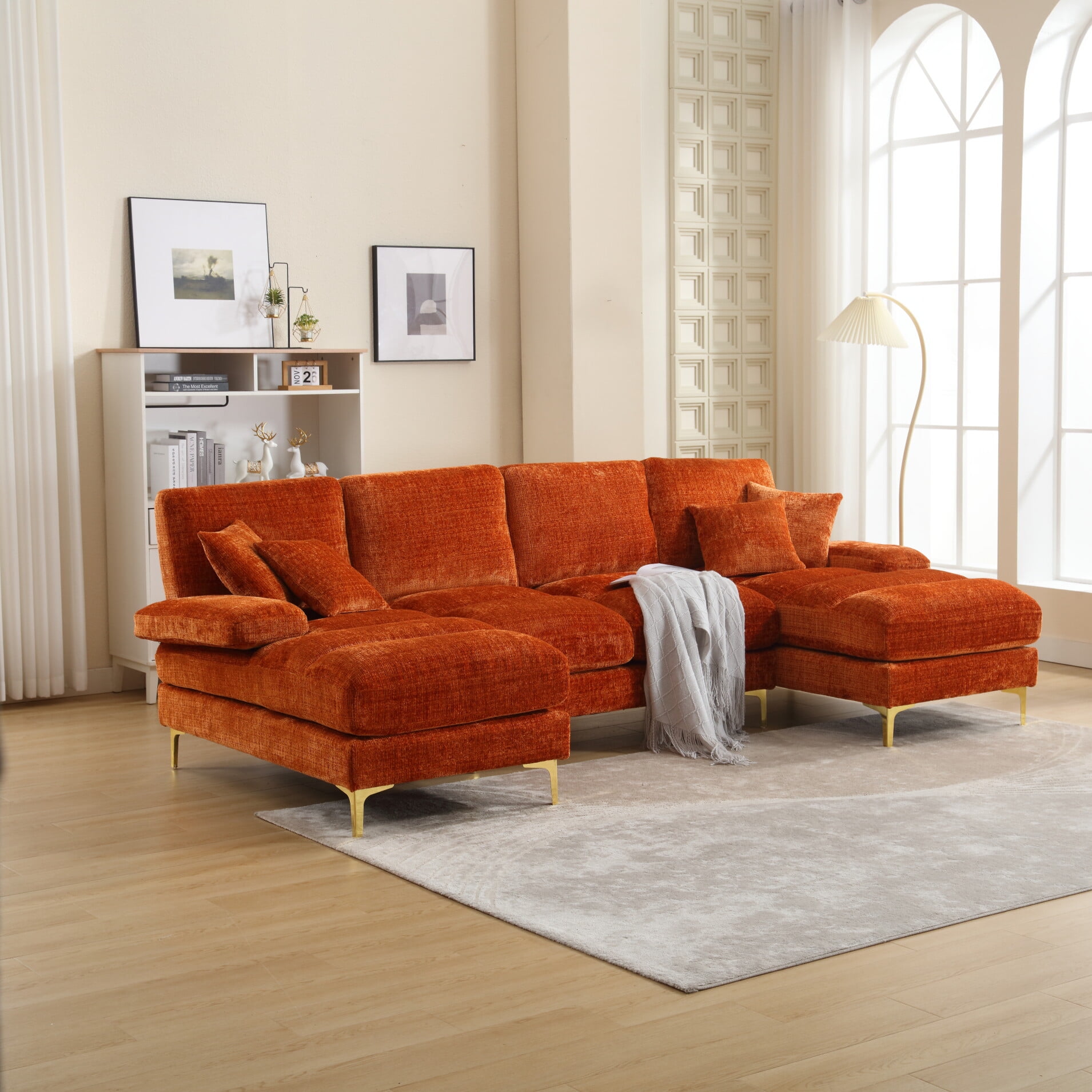 Convertible Sectional Sofa with Ottoman and Throw Pillows, Modern ...