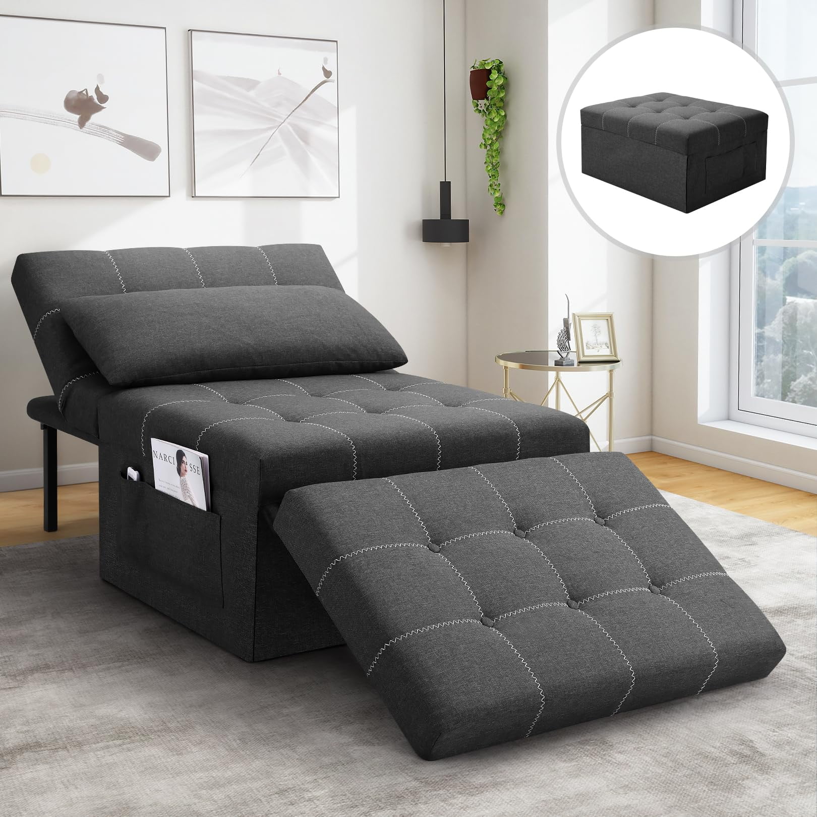 Convertible Sleeper Chair, 4 in 1 Multi-Functional Foldable Ottoman Bed ...