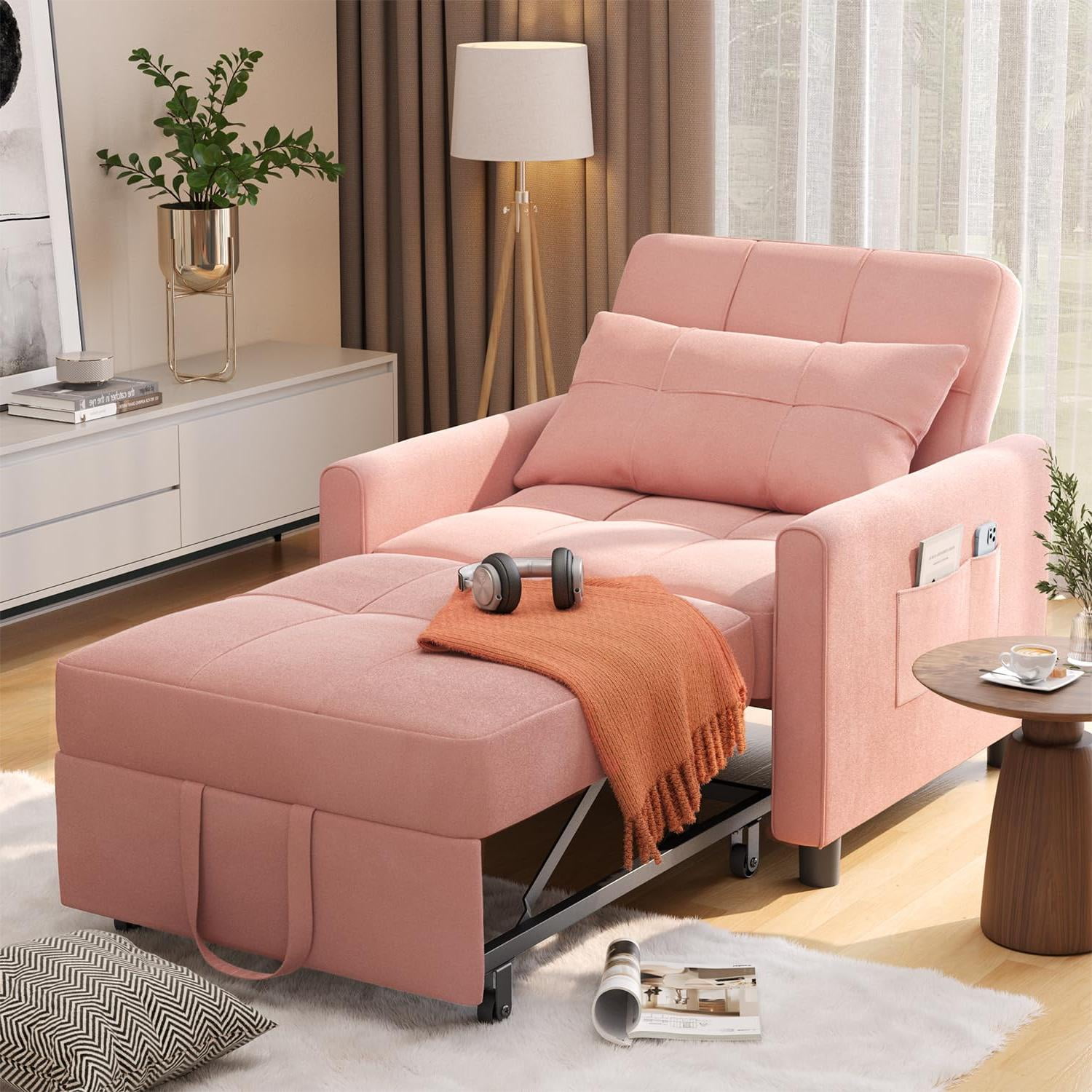 Convertible Sleeper Chair Bed, Linen Sofa Bed with Pillow for Small ...