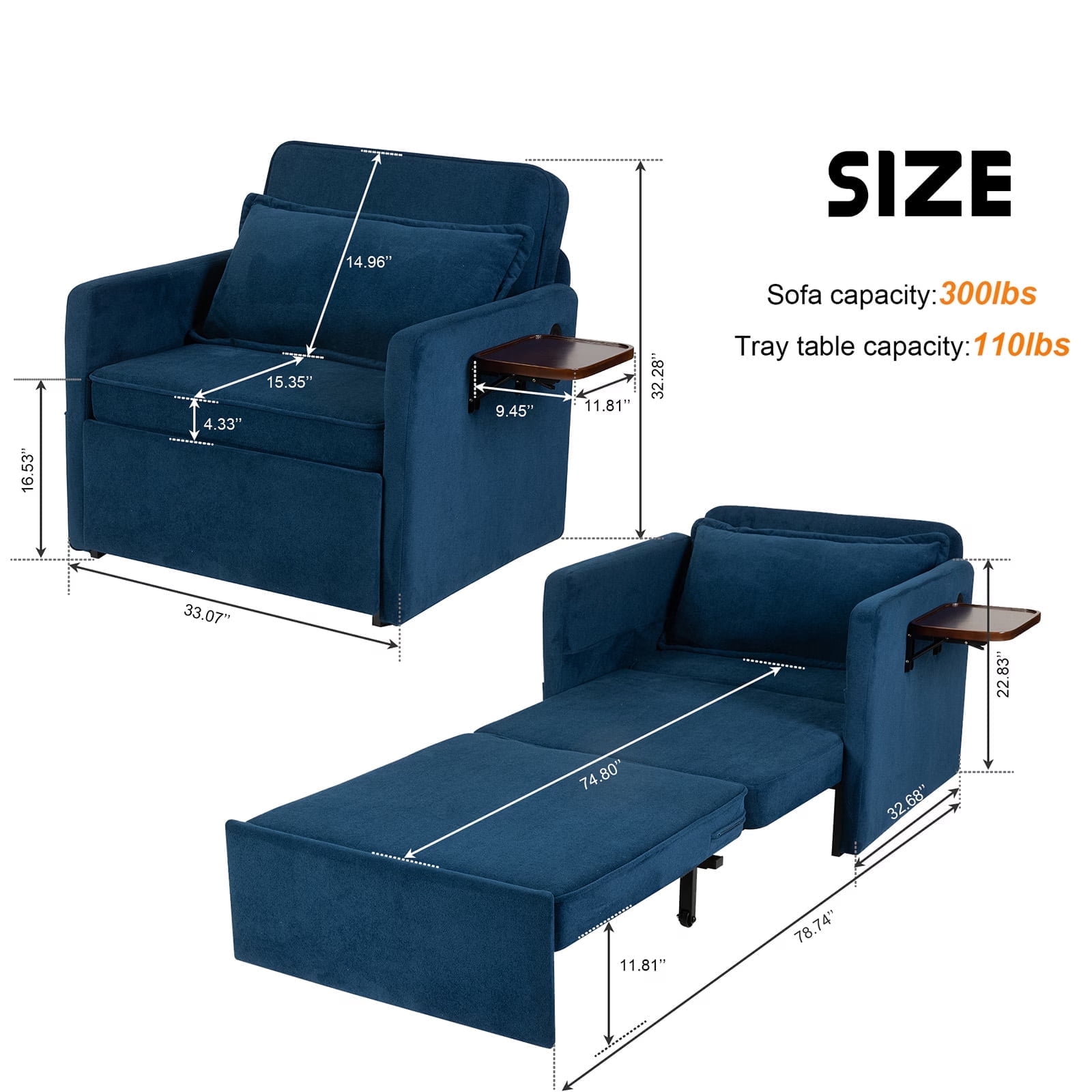 Convertible Sleeper Chair Bed with Tray Table, Armrest Sofa Bed for ...