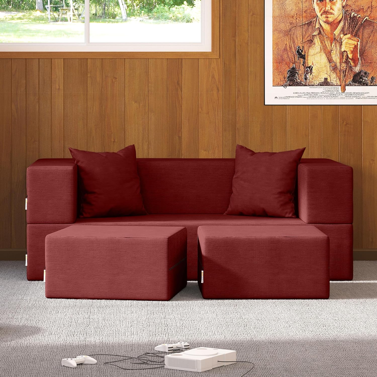 Convertible Sleeper Loveseat with Ottomans, Textured Microvelvet ...