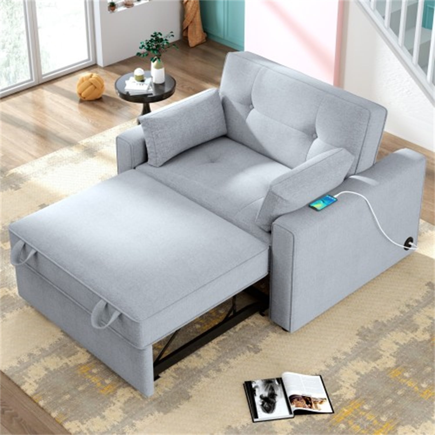 Convertible Sleeper Sofa Bed with 2 Pillows, Multi-functional ...