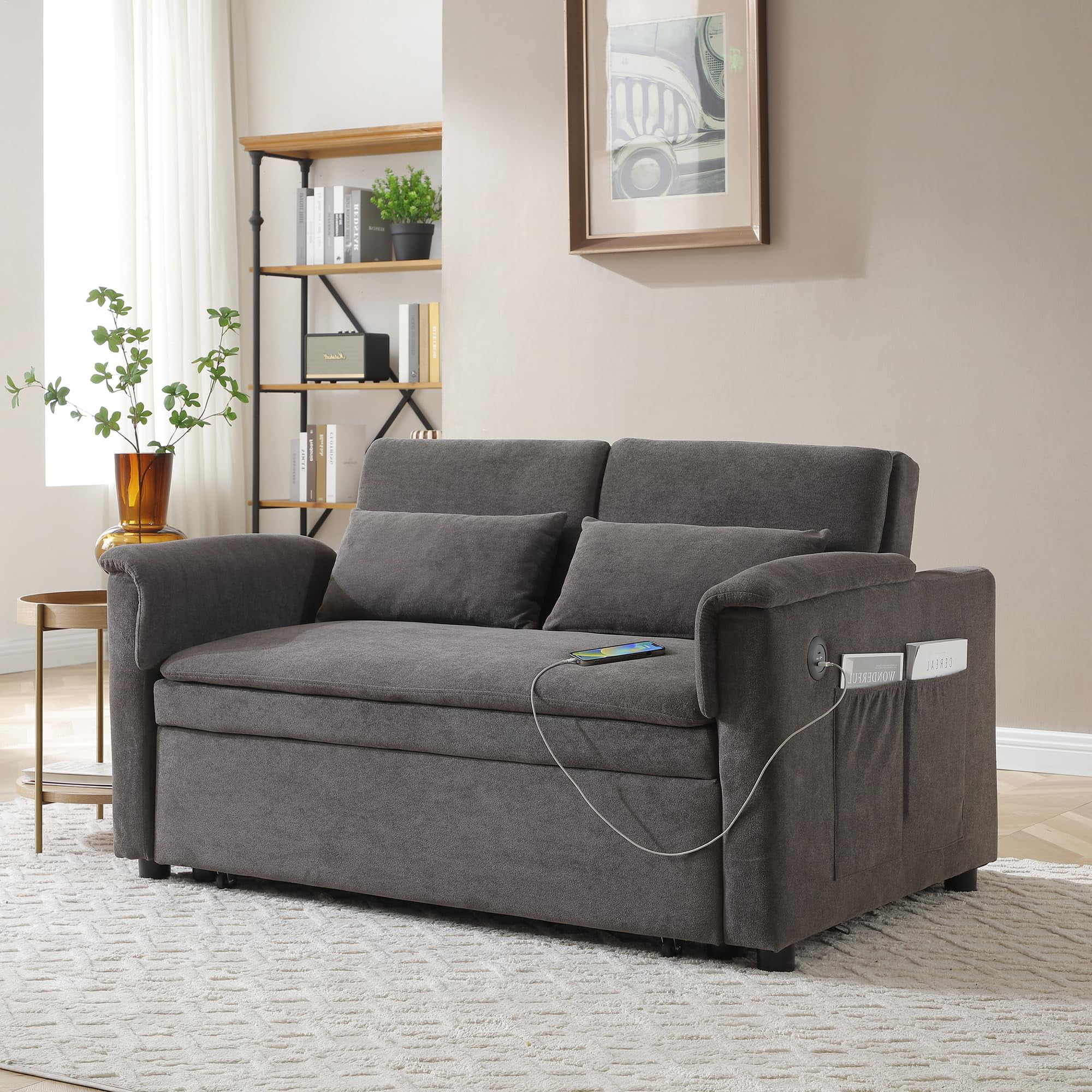 Convertible Sleeper Sofa Bed 3-in-1 Loveseat Couch with Pullout Bed, Futon Loveseat Sofabed w ...