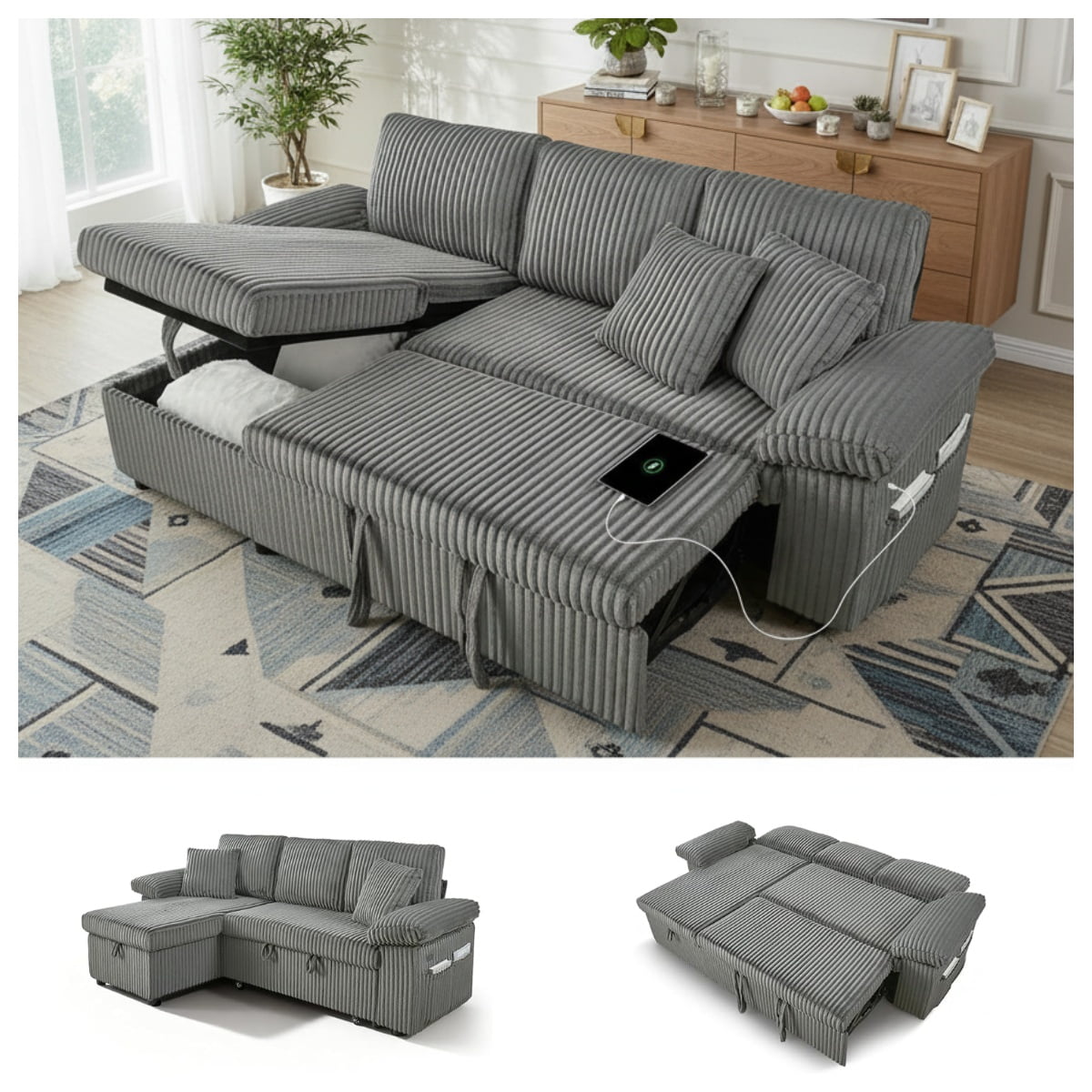 Convertible Sleeper Sofa Bed, 87'' Pull Out Couch, Modern L Shape Couch ...