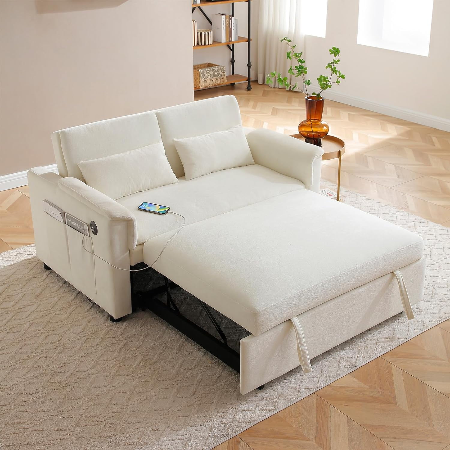 Convertible Sleeper Sofa Bed, Comfy Velvet Pull-Out Sofa Couch Bed with ...