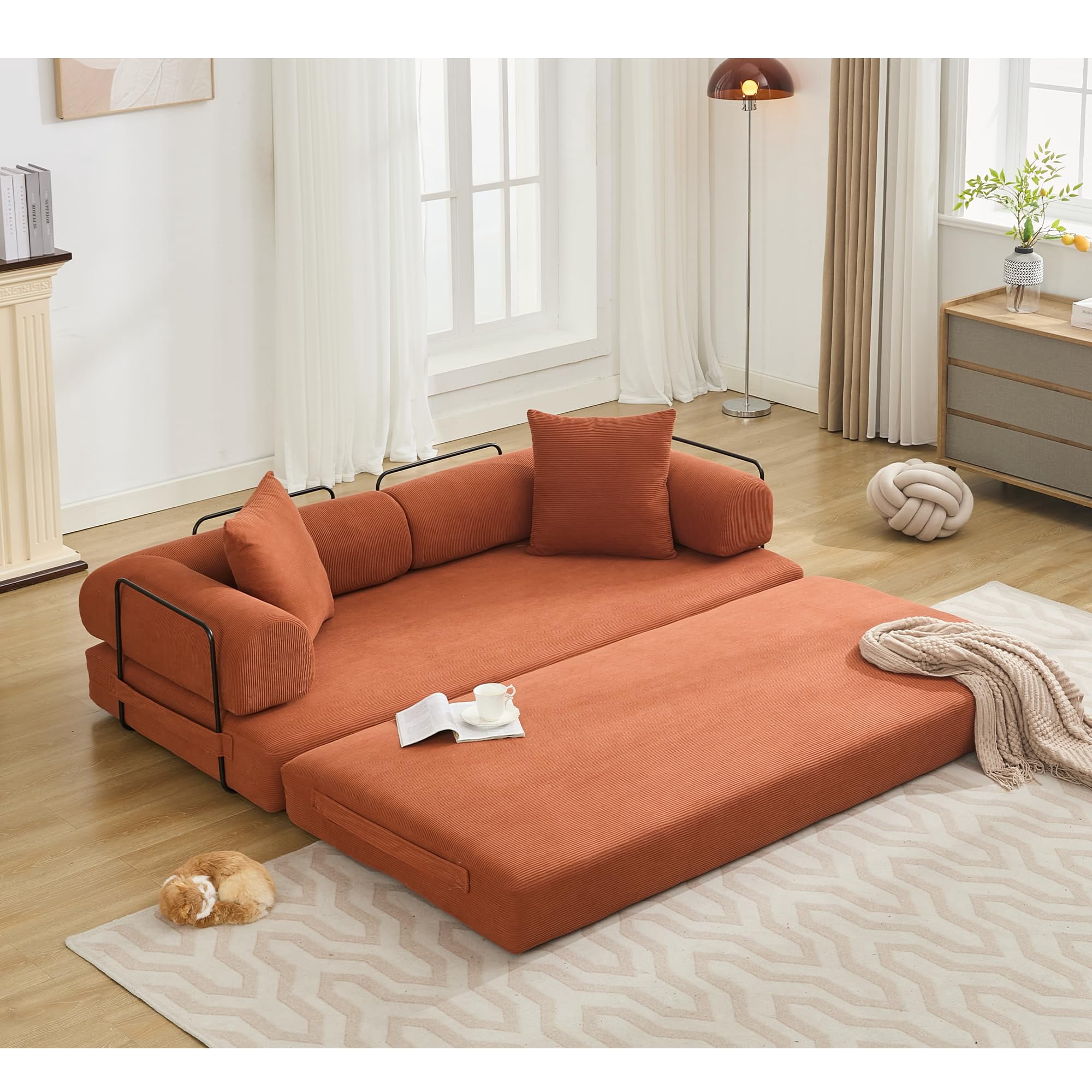 Convertible Sleeper Sofa Bed with Cylindrical Pillow, Corduroy Foldable ...