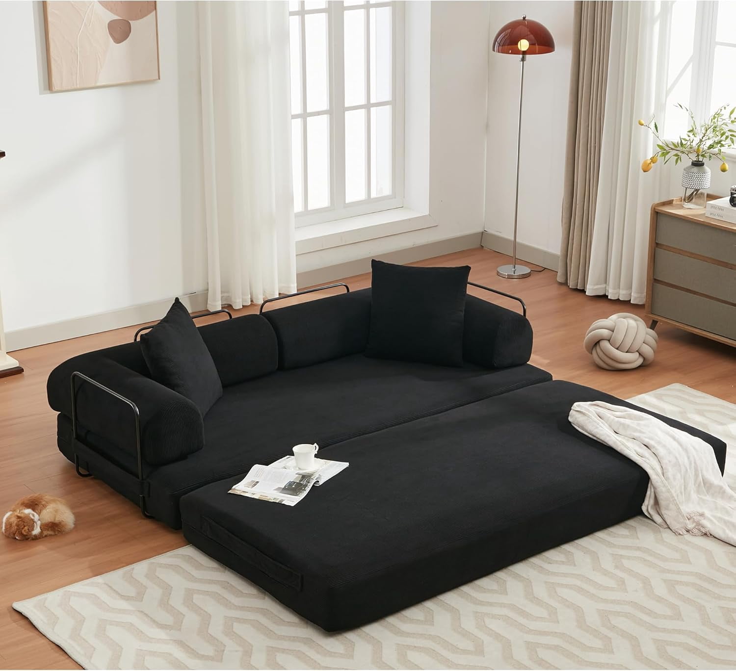 Convertible Sleeper Sofa Bed with Cylindrical Pillow, Corduroy Folding ...