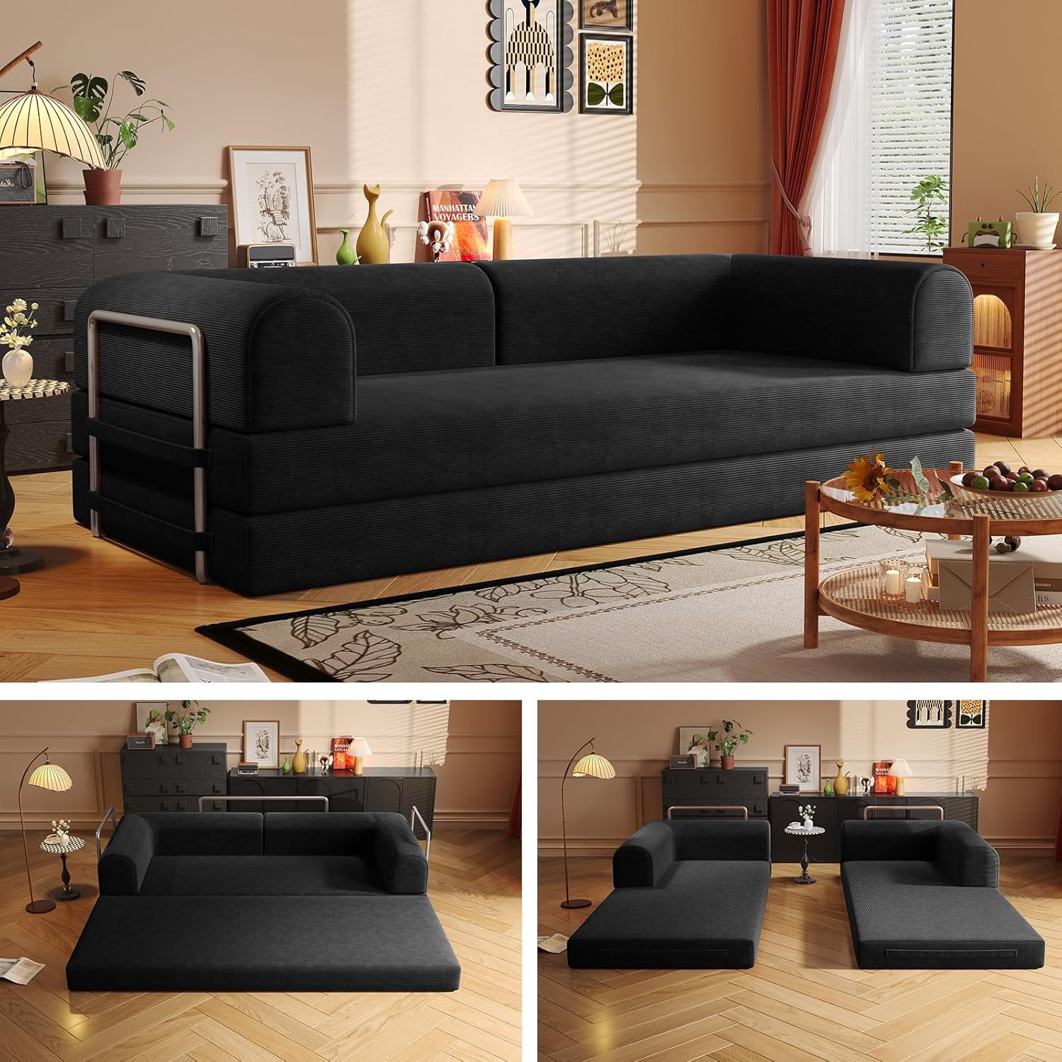 Convertible Sleeper Sofa Bed with Cylindrical Pillow, Corduroy Folding ...