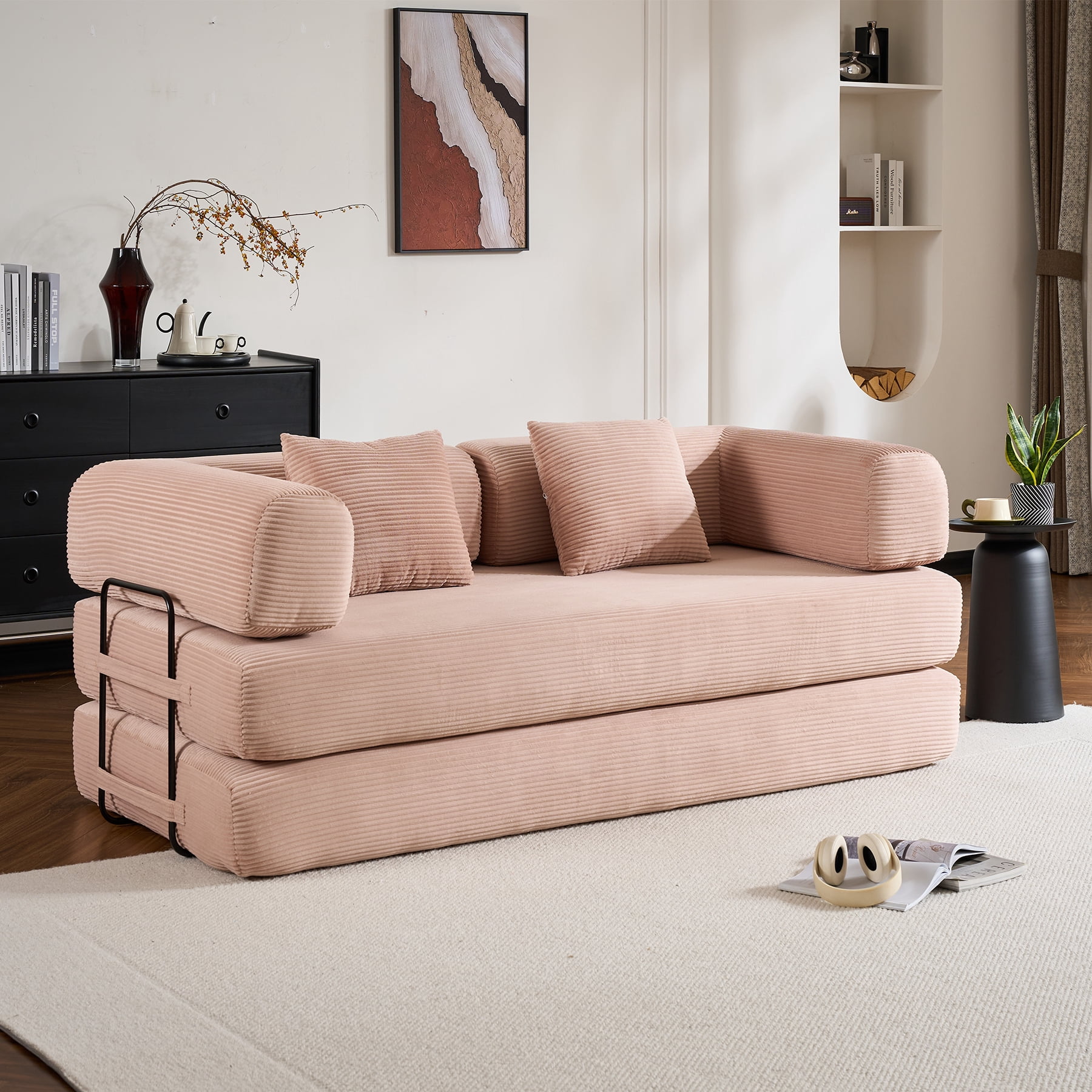 Convertible Sleeper Sofa Bed with Cylindrical Pillow, Corduroy Folding ...