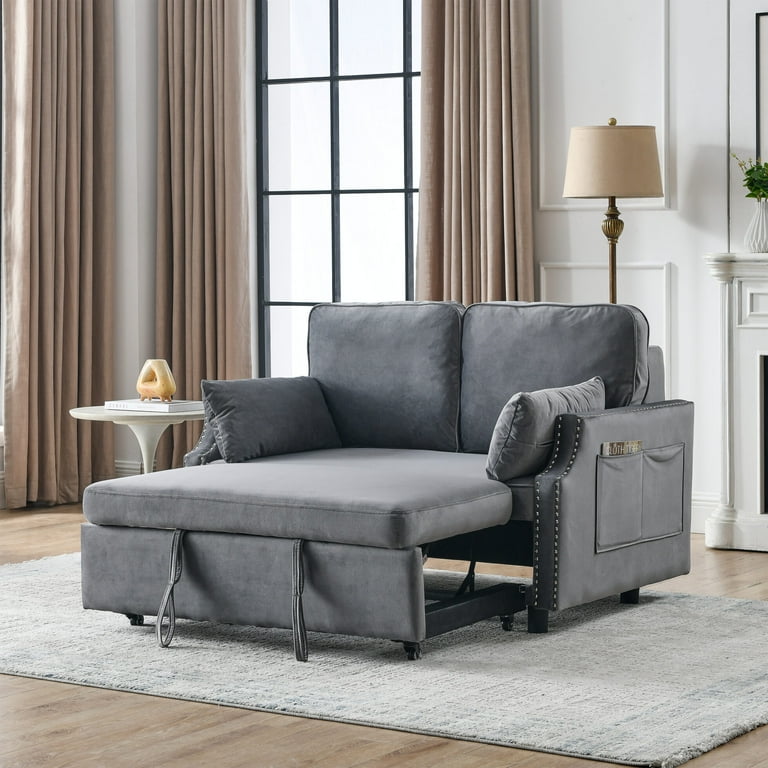 Convertible Sleeper Sofa Bed with Side Storage Pocket Comfy Velvet Upholstered Loveseat Sofa with 2 Pillows and Adjustable Backrest Pull Out Sofa Couch Bed for Living Room Bedroom Apartment Grey Walma...