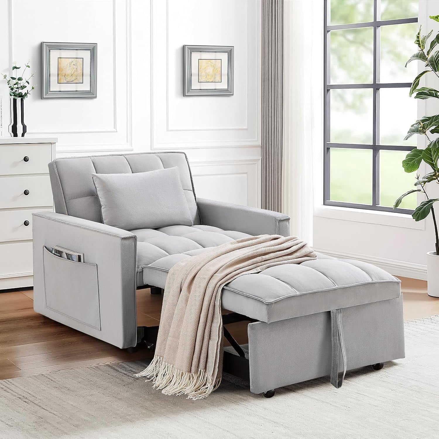 Convertible Sleeper Sofa Chair Bed,3 in 1 Velvet Tufted Upholstered ...
