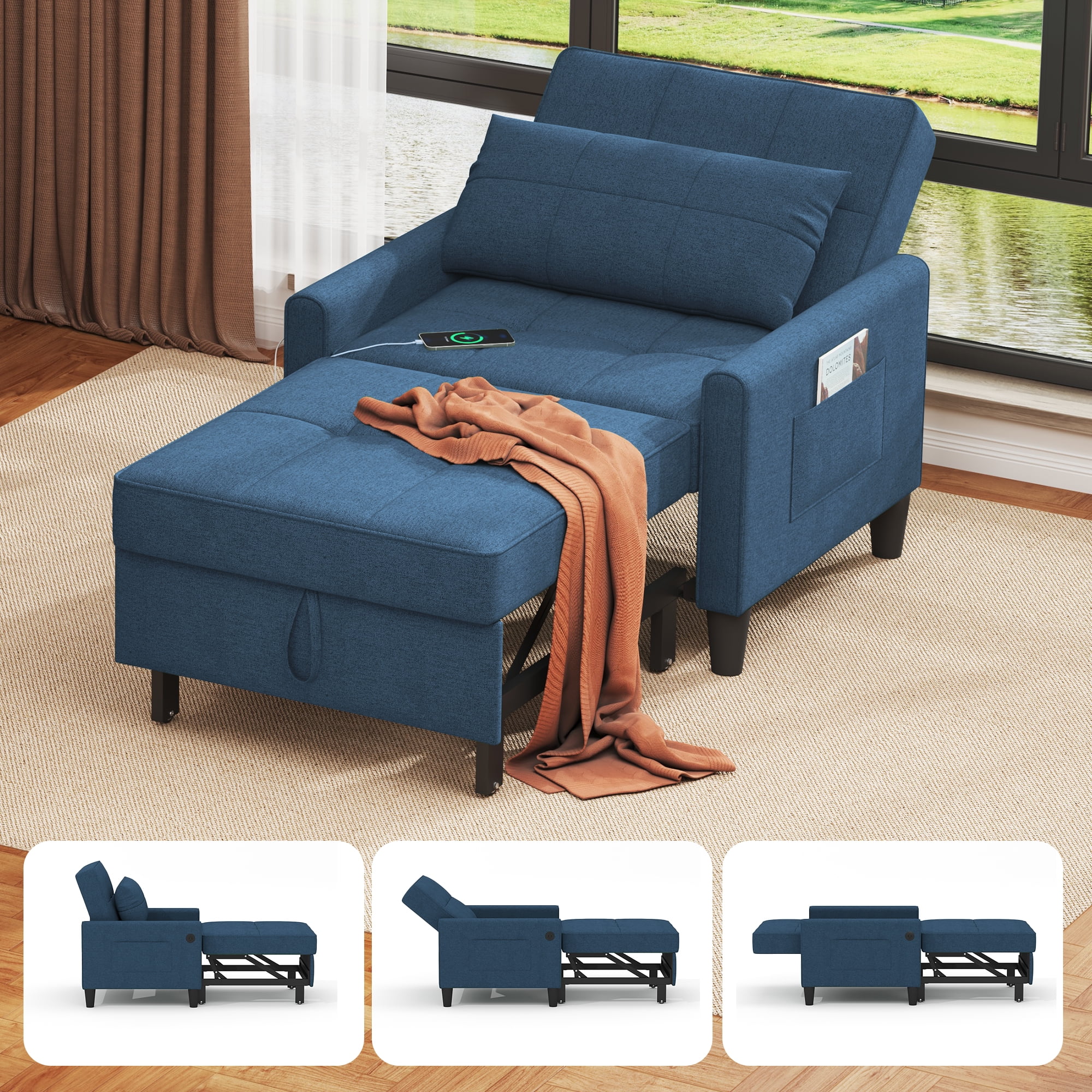 Convertible Sleeper Sofa Chair Bed with USB Adjustable Backrest for ...