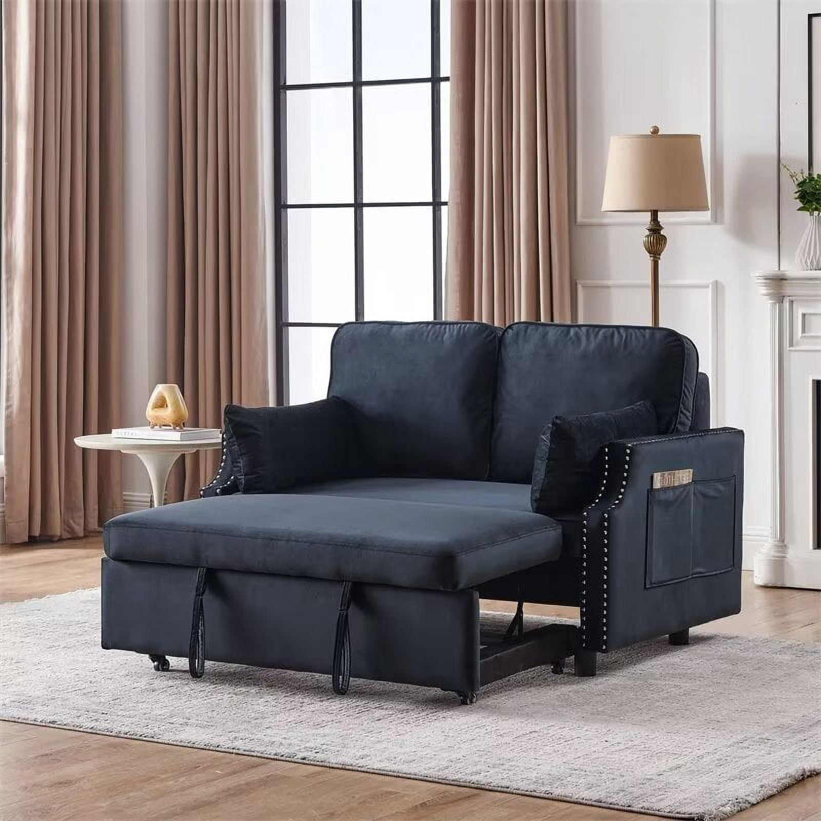 Convertible Sofa Bed, 50" Velvet Upholstered Sleeper Sofa with Side ...