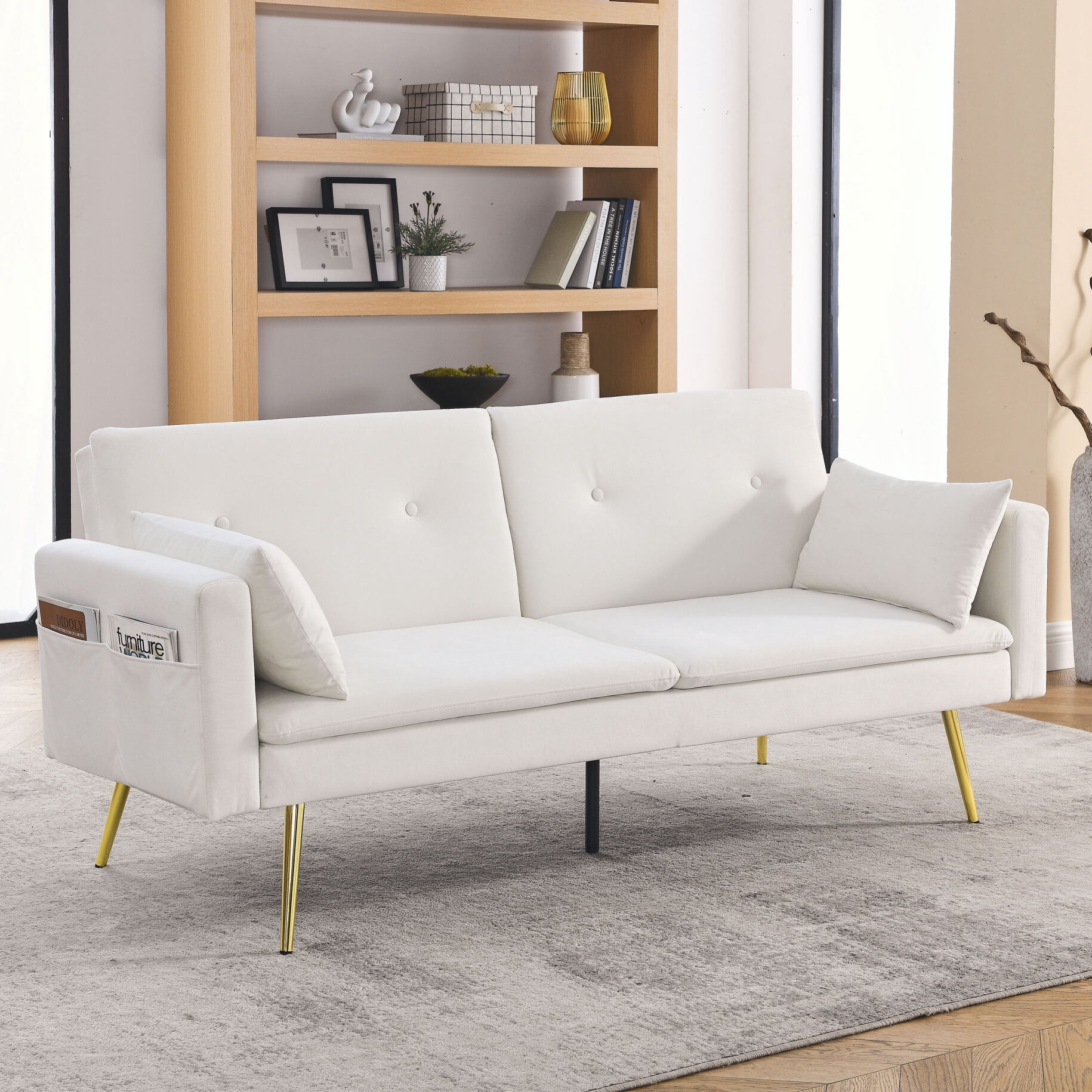 Convertible Sofa Bed with Armrest and Golden Legs, Modern Velvet ...