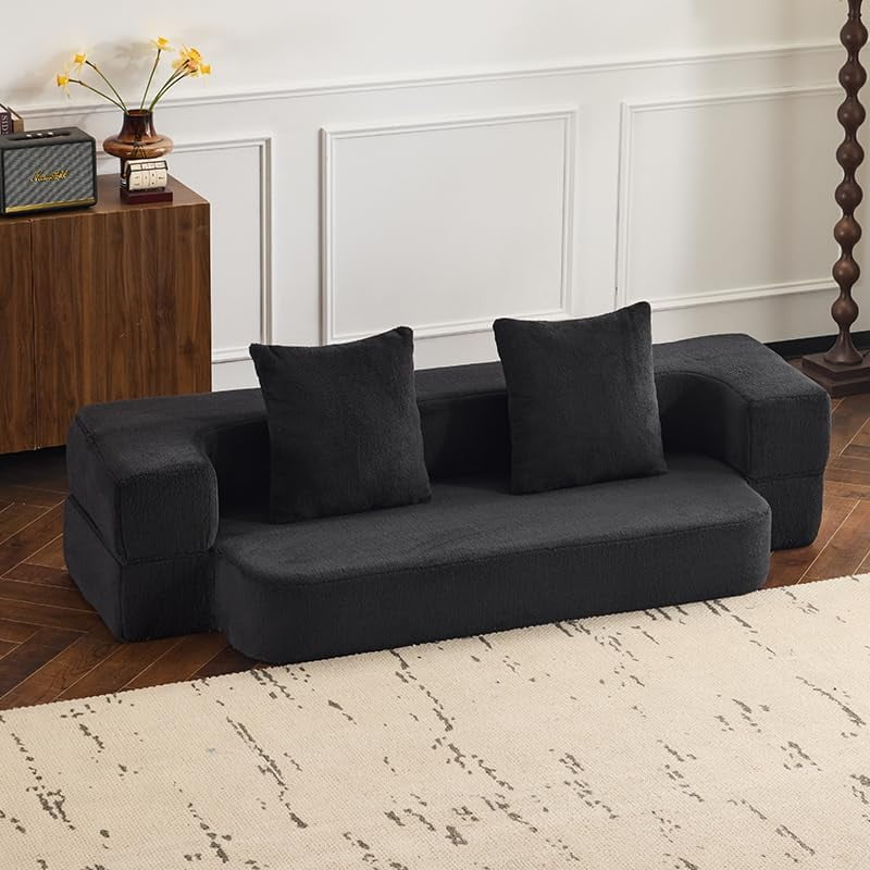 Convertible Sofa Bed, Boneless Sleeper Sofa with 2 Pillows,Modern Teddy ...