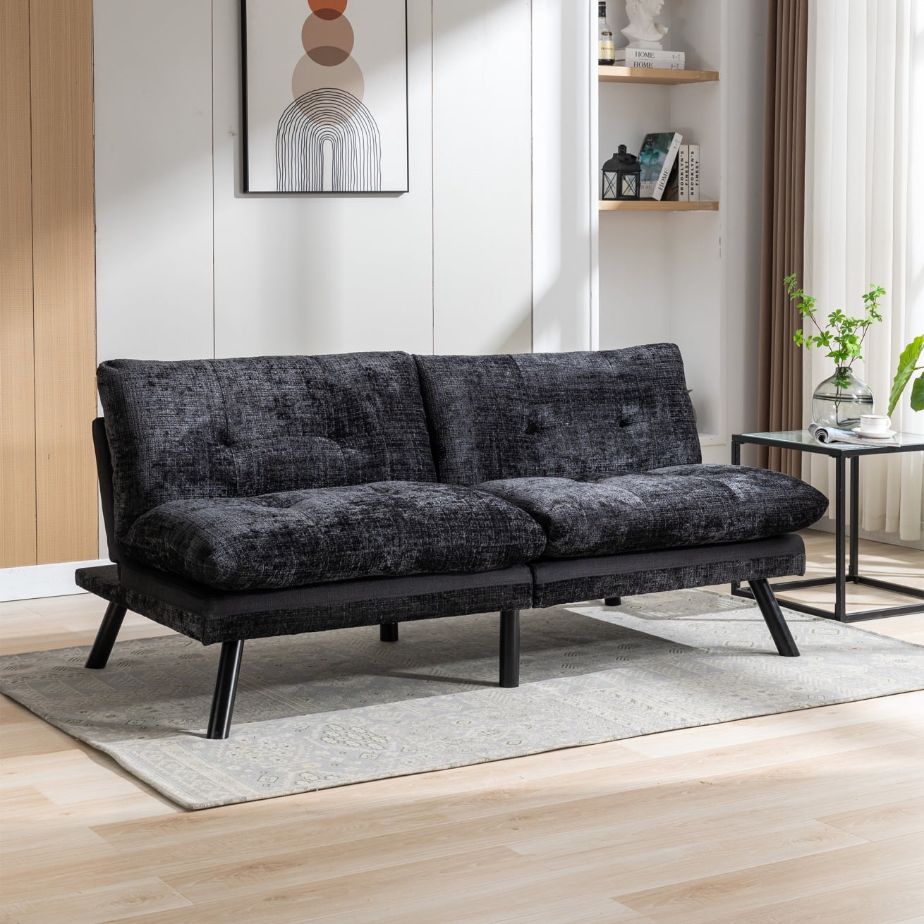 Convertible Sofa Bed, Chenille Upholstered Futon Couch with Double Back ...