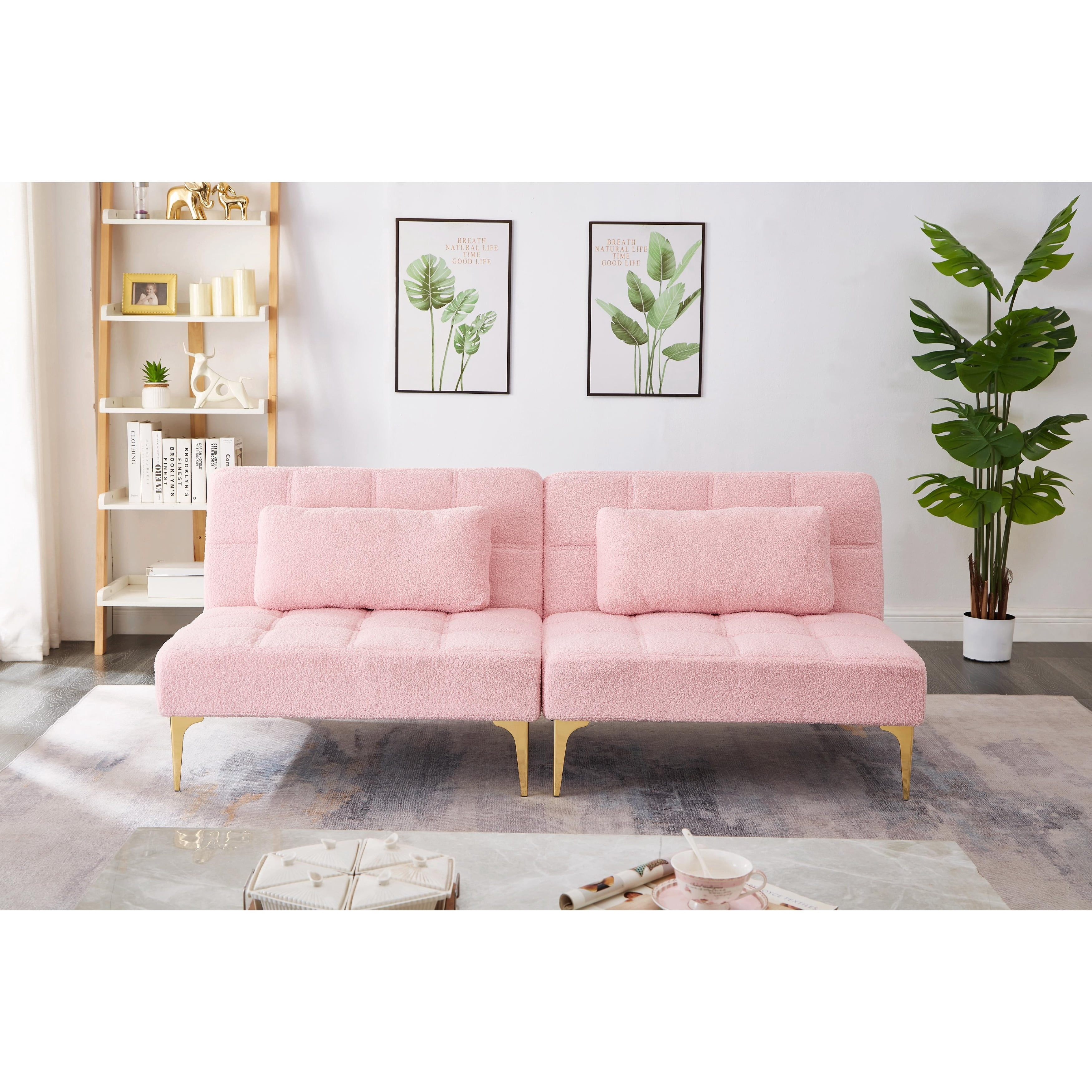 Convertible Sofa Bed Futon with Gold Metal Legs in Teddy Fabric Pink ...