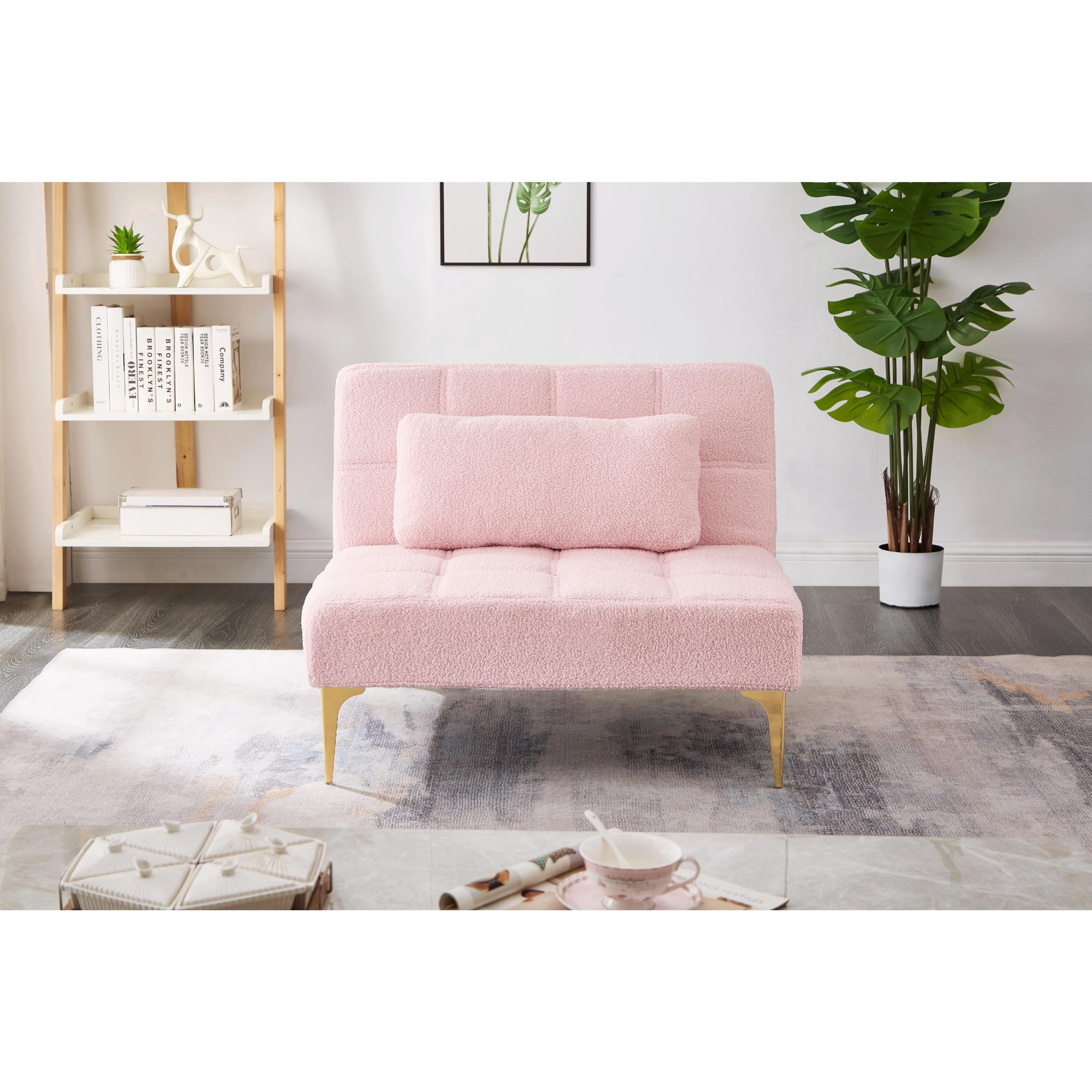 Convertible Sofa Bed Futon with Gold Metal Legs in Teddy Fabric Pink ...
