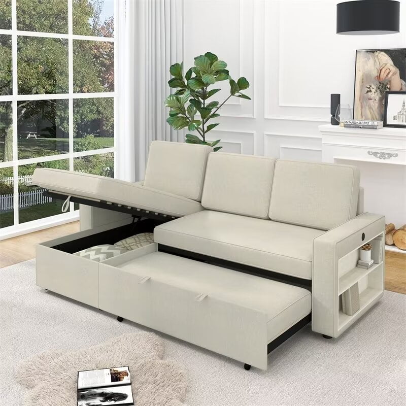 Convertible Sofa Bed with Pull Out Bed, L-Shaped Sectional Sofa Couch ...