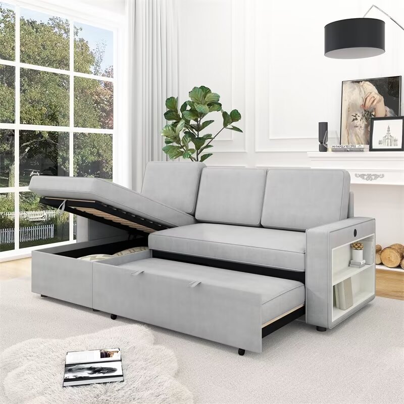 Convertible Sofa Bed with Pull Out Bed, L-Shaped Sectional Sofa Couch ...