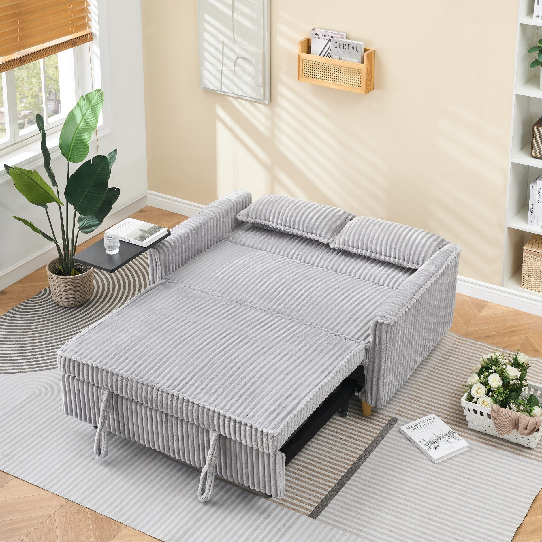 Convertible Sofa Bed, Pull-out and Push-in Corduroy Sofa with Dual ...