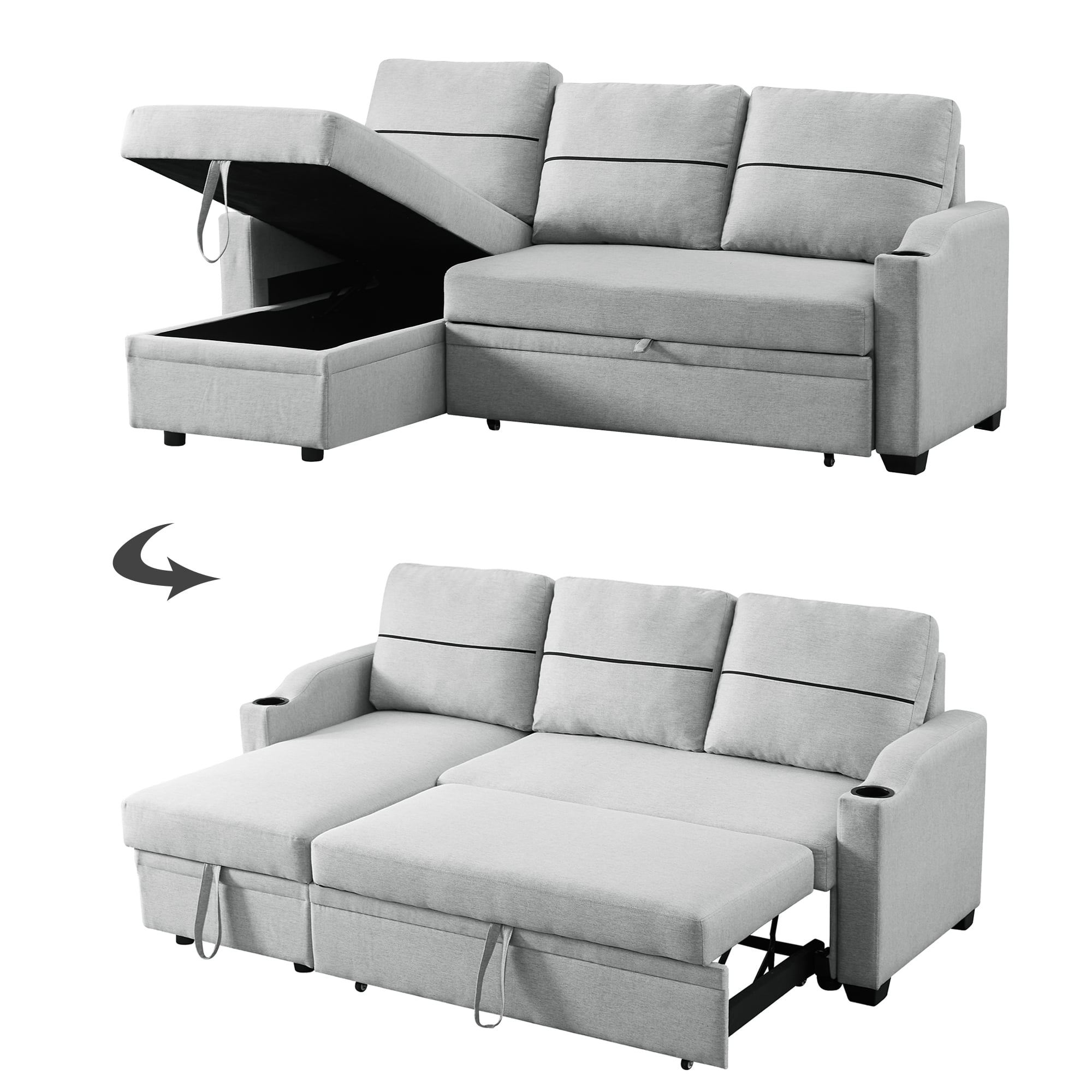 Convertible Sofa Bed with Pull-out Seat, 82Inch L-shaped Sectional Sofa Couch with Storage ...