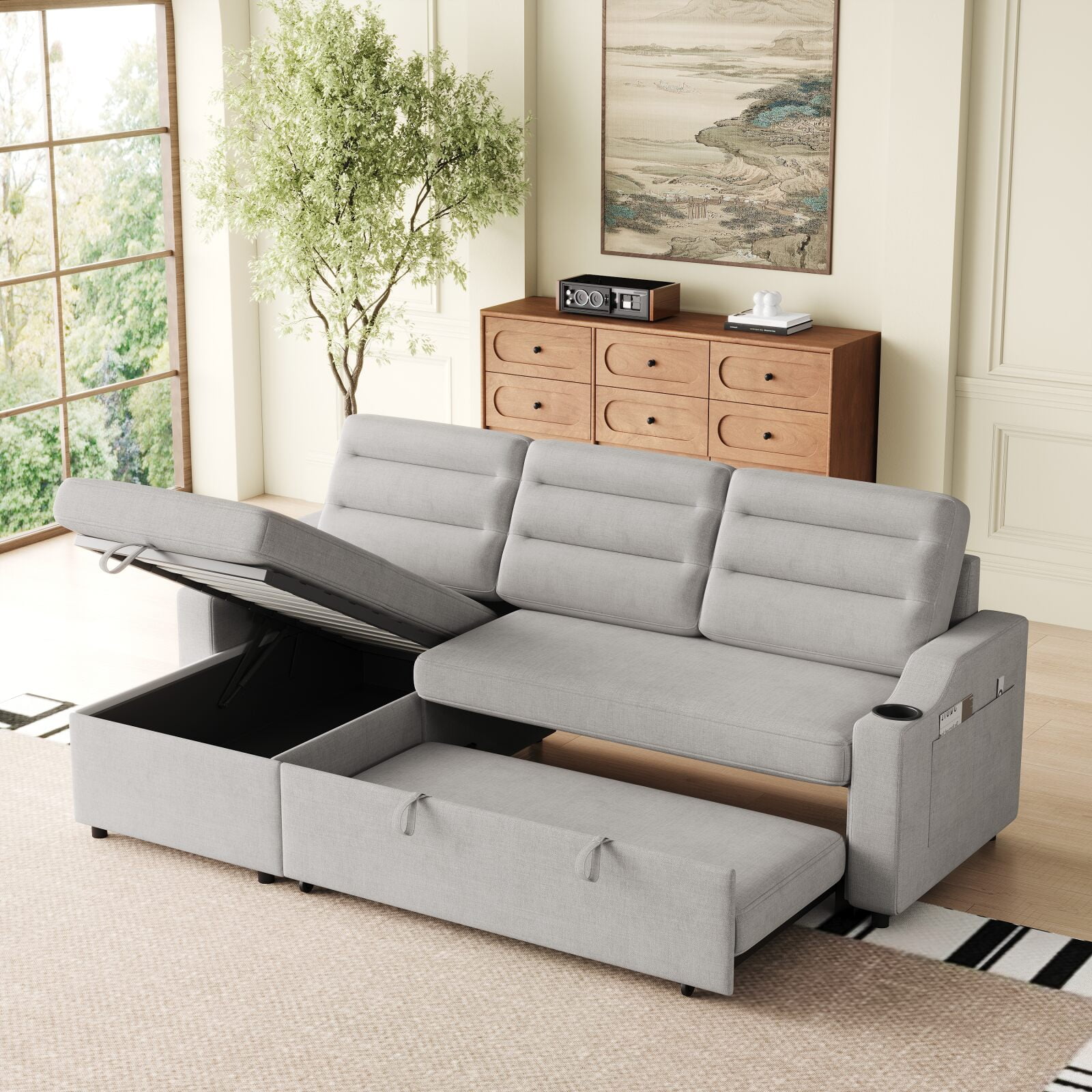Convertible Sofa Bed Sectional Couch with Storage Pocket, Light Grey ...