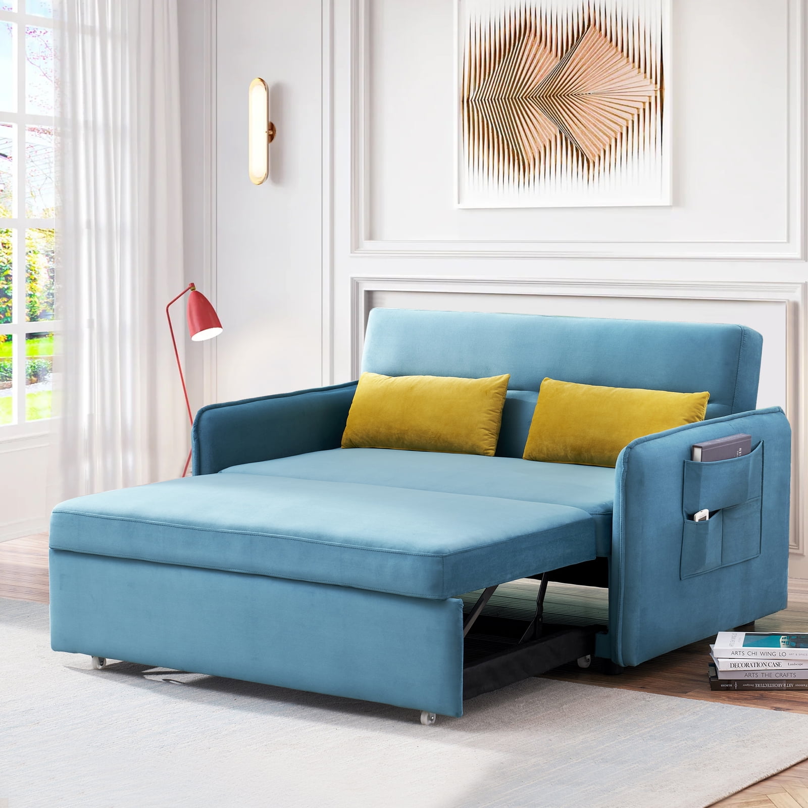 Convertible Sofa Bed with Pull Out Bed - 54" Tufted Velvet Loveseat ...