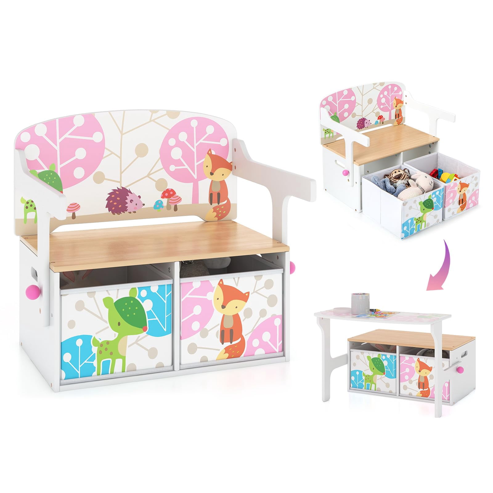 Convertible Toddler Table and Chair Set, 3-in-1 Wooden Bench with Toy ...