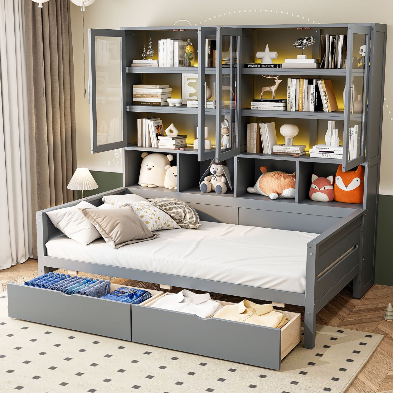 Convertible Twin Daybed with Glass-Door LED Display Cabinets, Wooden ...