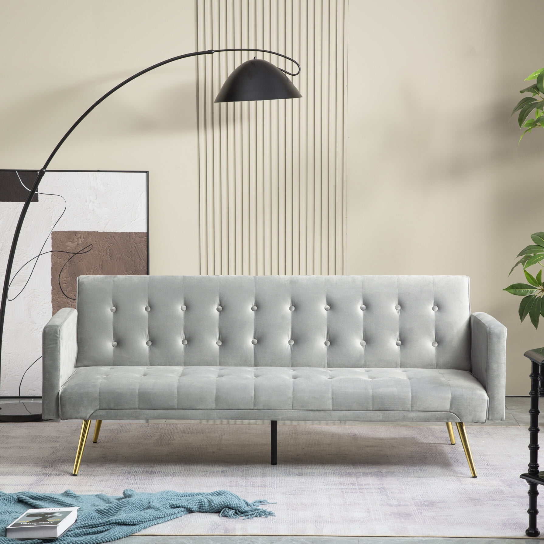 Convertible Velvet Futon Sofa Bed, Modern Tufted Loveseat Sleeper Sofa ...