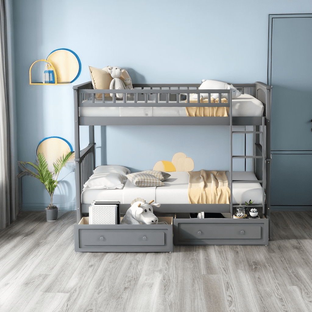 Convertible Wood Twin-Over-Twin Bunk Bed with Storage Drawers and ...