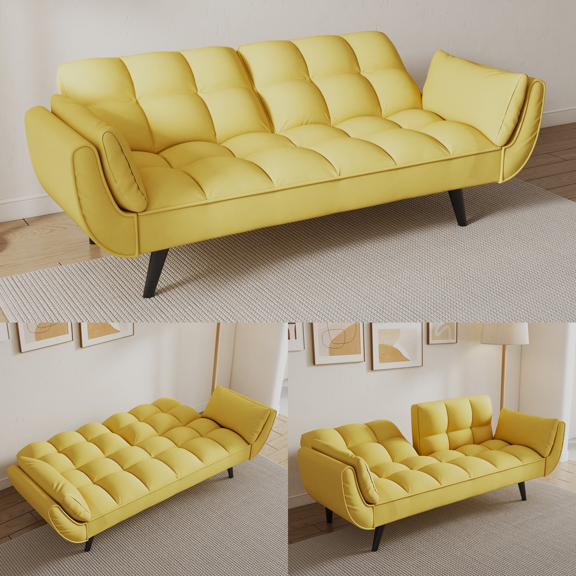 Convertible Yellow Sofa Bed with Adjustable Backrest and Armrests ...