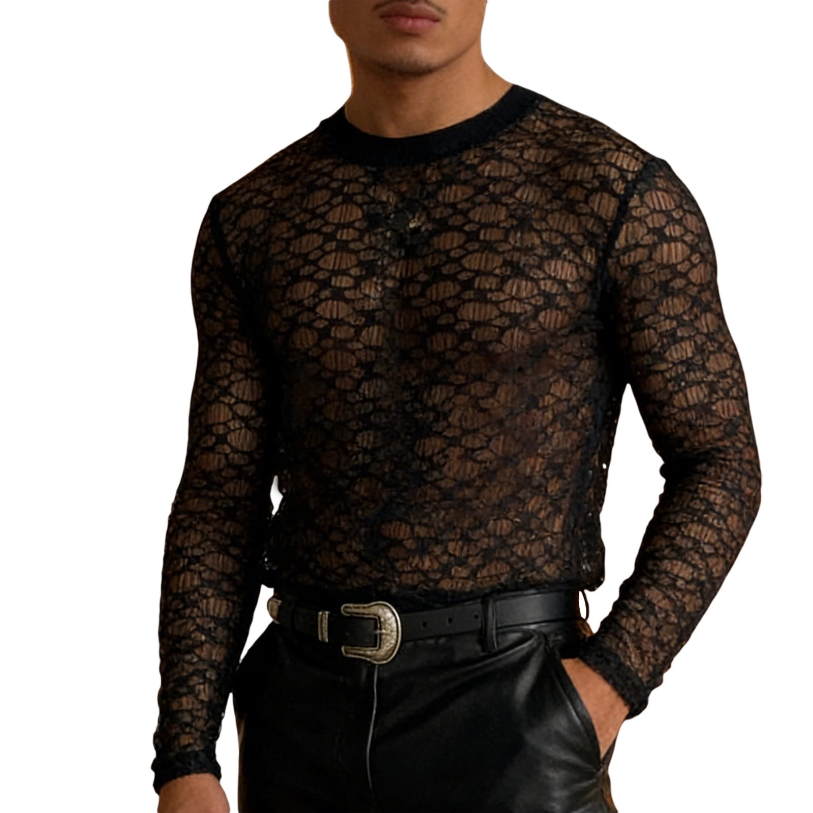 Conzone Mens T Shirt Crew Neck Solid Color Mesh Long Sleeve Comfort ...