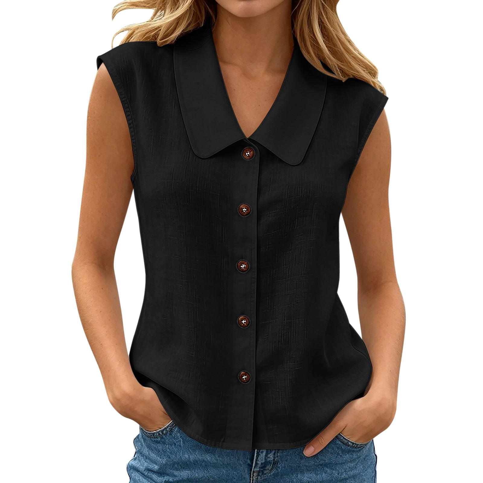 Conzone Women T Shirts Sleeveless Lapel Neck Solid Color Buttons Womens ...