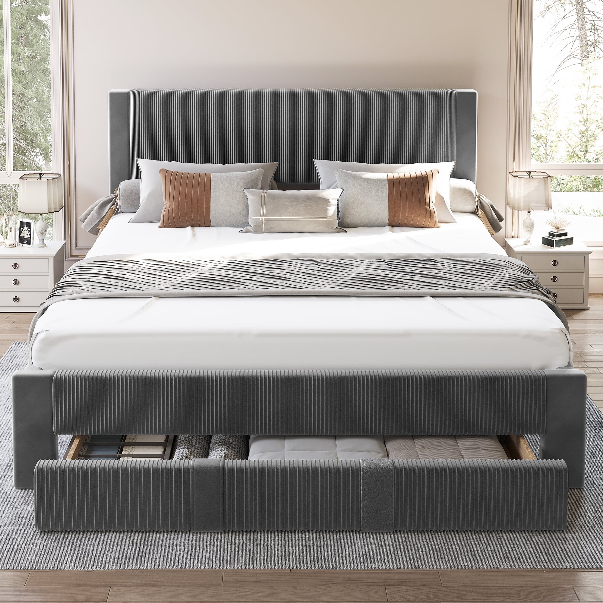 CooHut King Bed Frame with Storage Drawers, 12-Slats Solid Wooden ...