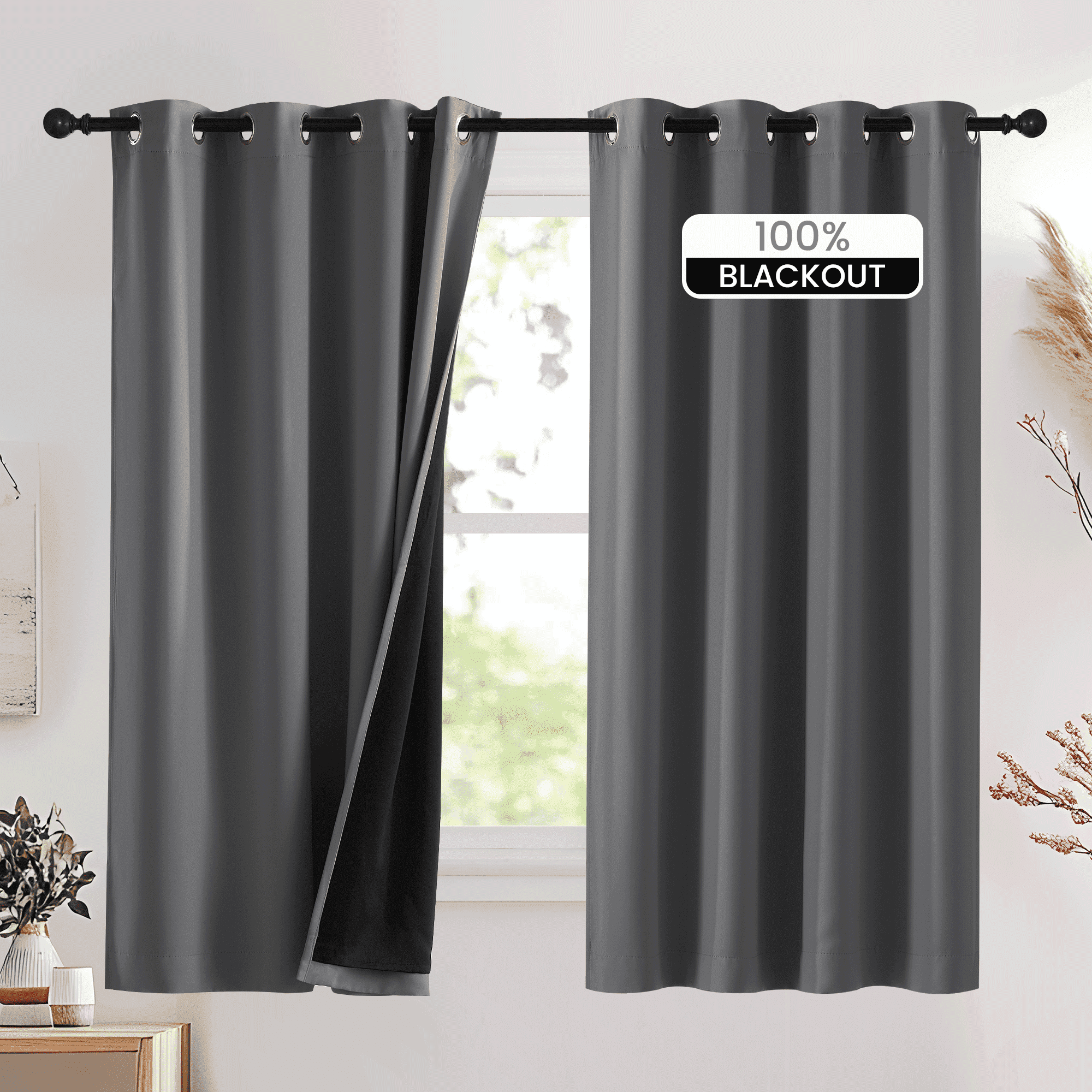 NICETOWN 100% Blackout Curtains with Black Liners, Grey, 2 Panels, 52 x ...