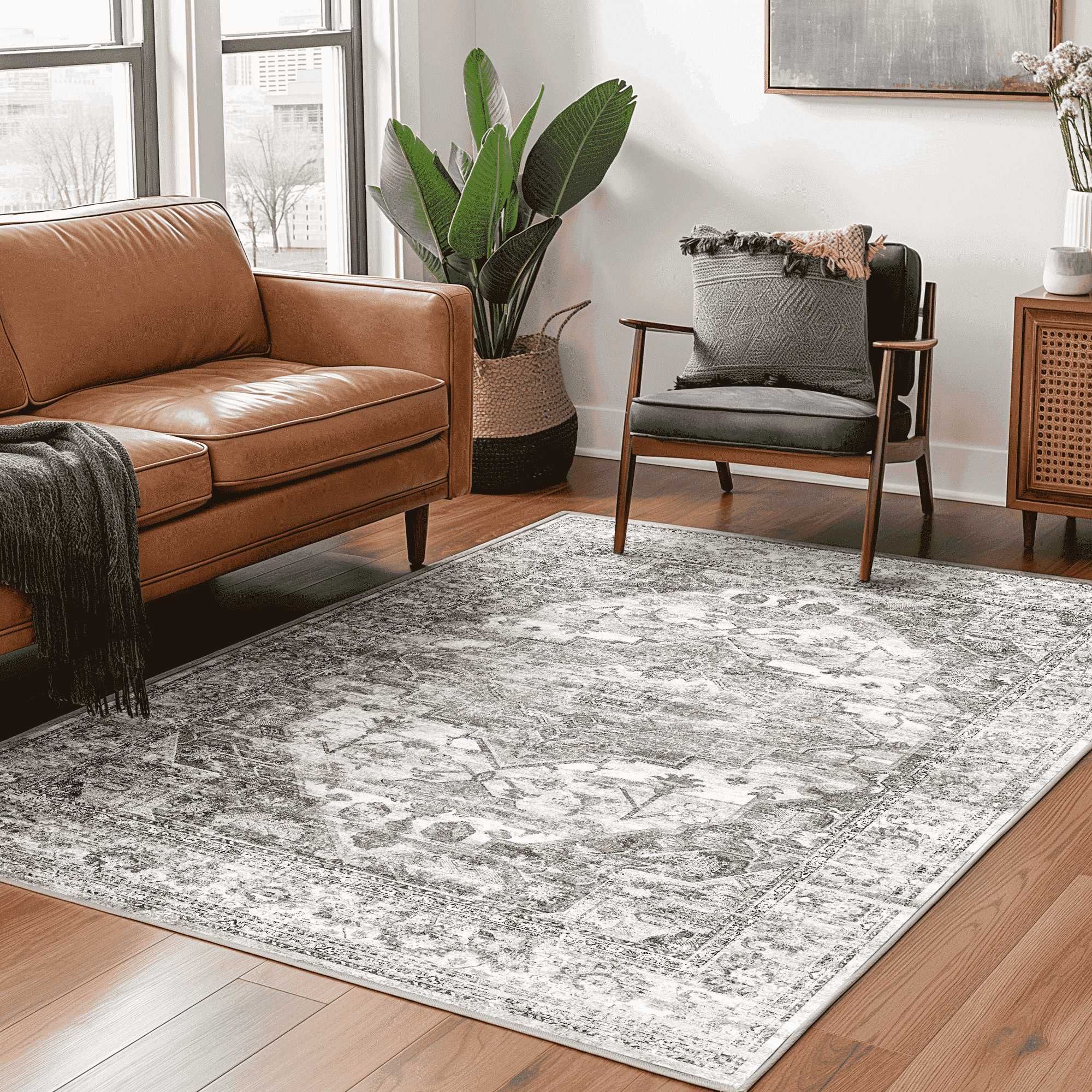 NICETOWN Living Room Rug Vintage Floral Area Rug, 3'x5' Thin Washable ...