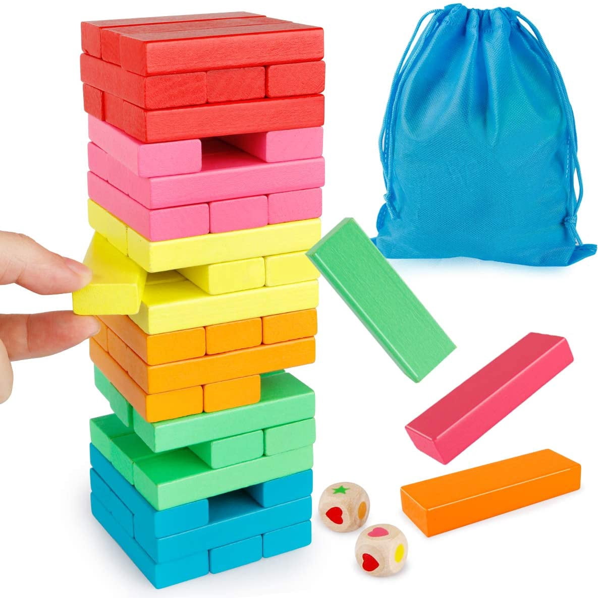 Coogam Wooden Blocks Stacking Game with Storage Bag, Toppling Colorful ...