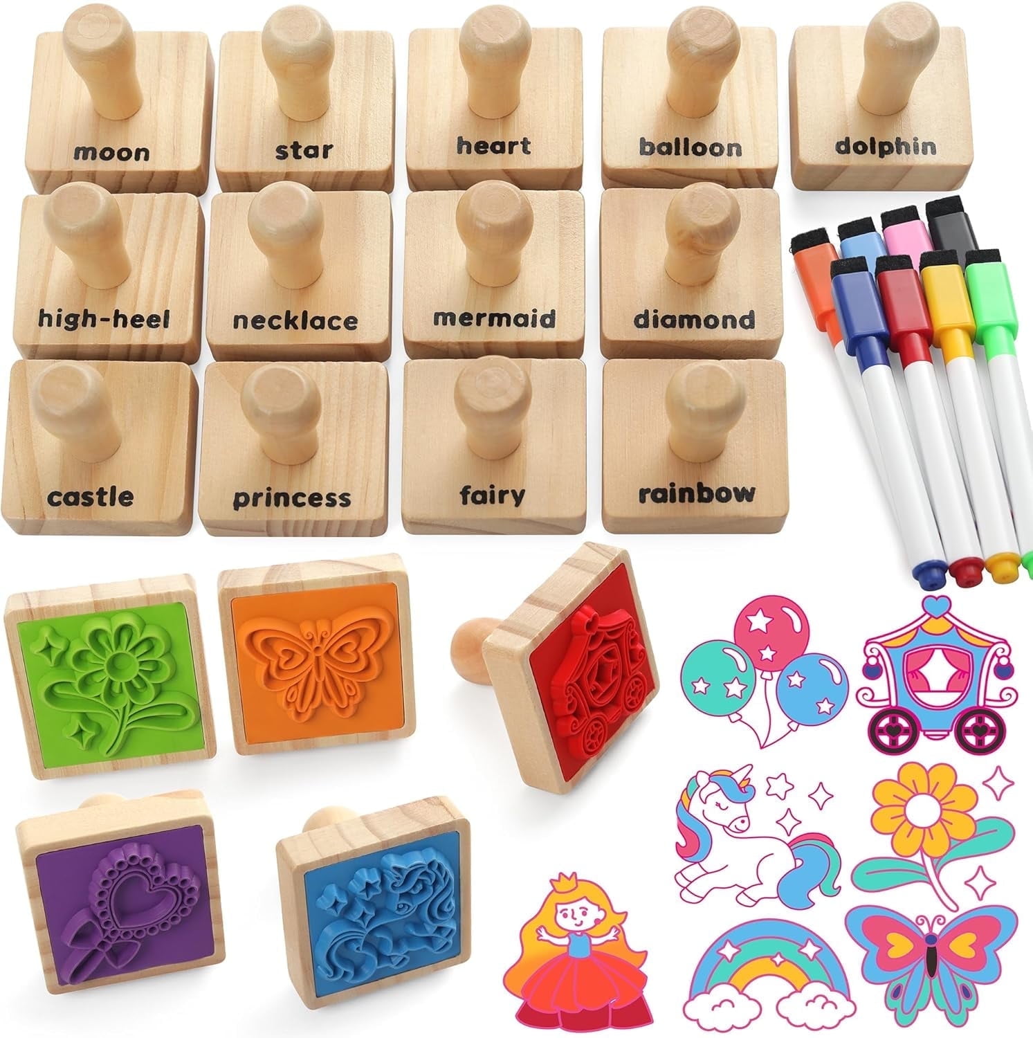Coogam Wooden Stamp for Girls Friendship, 20pcs Color Shape Unicorn ...