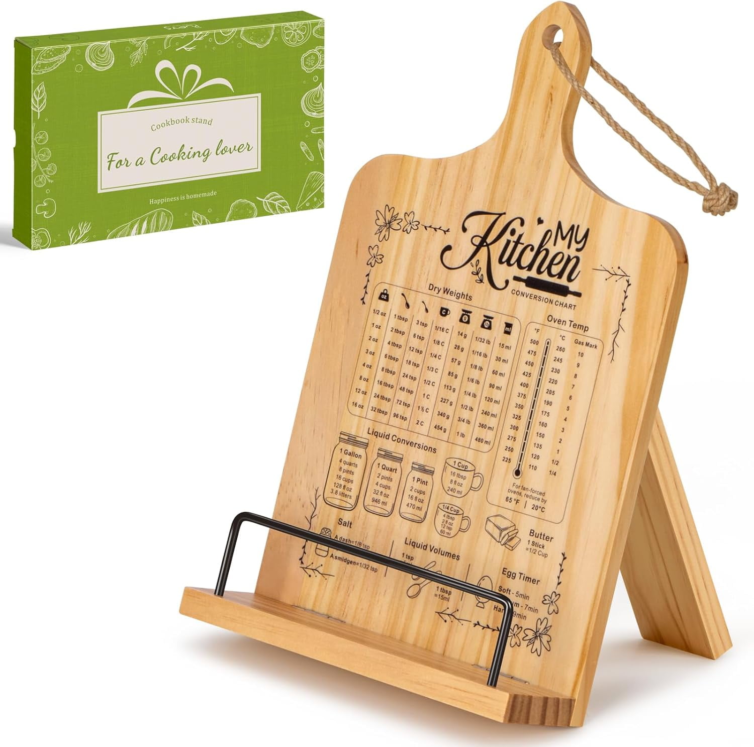 Cook Book Stand for Counter, Wooden Recipe Book Holder with Measurement ...
