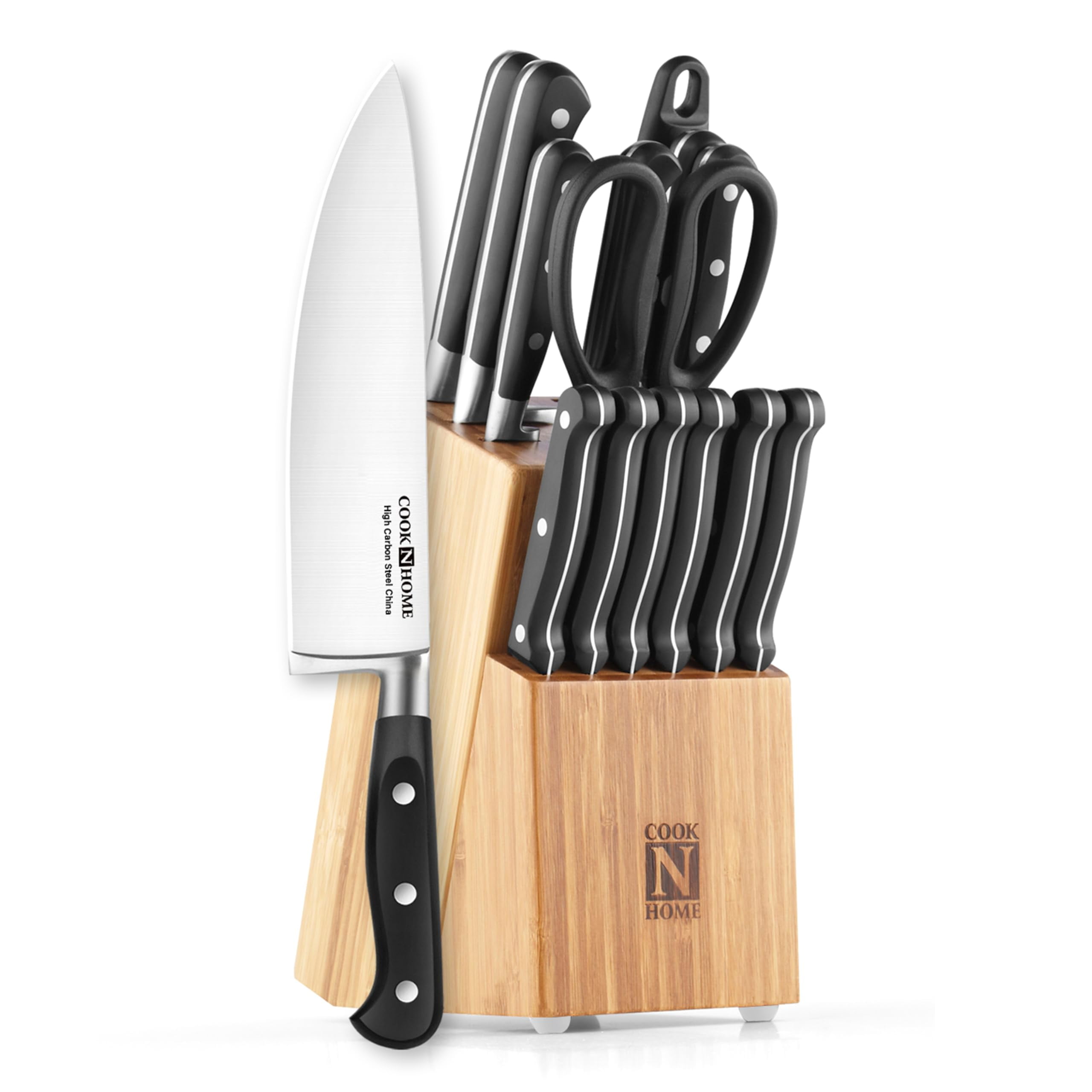 Cook N Home Kitchen Knife Set with Bamboo Storage Block 15-Piece, High ...