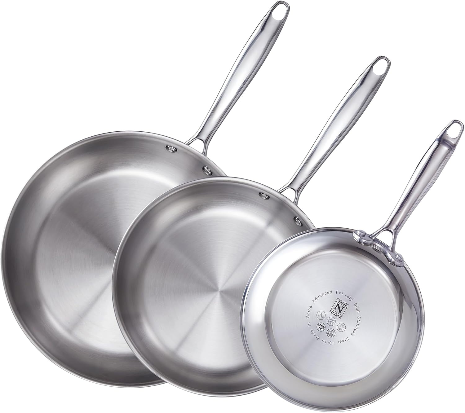 Cook N Home Stainless Steel Frying Pan Set, 8-inch, 10-inch, 12-inch ...