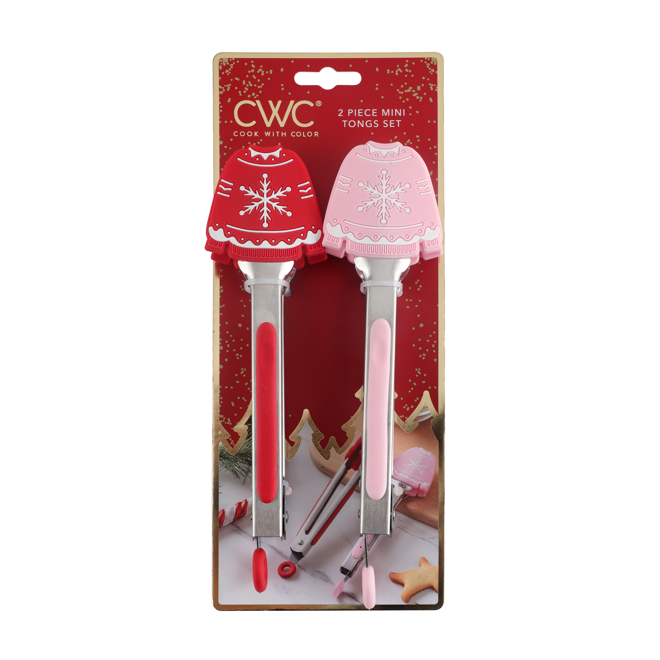 COOK WITH COLOR 2pc 7in Red Pink Silicone Figural Locking Tongs Holiday ...