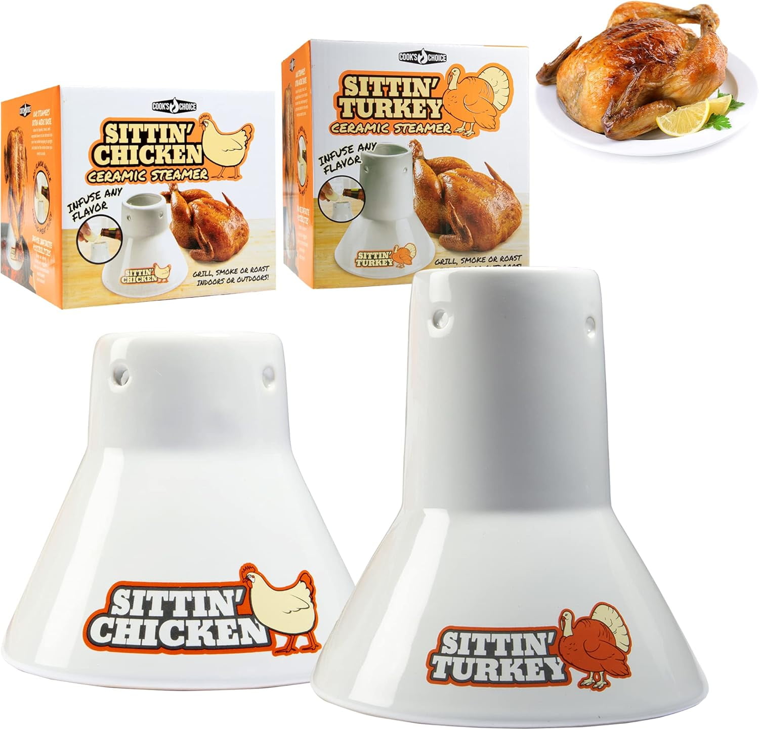 Sittin’ Chicken & Turkey Ceramic Beer Can Roaster & Steamer Duo ...